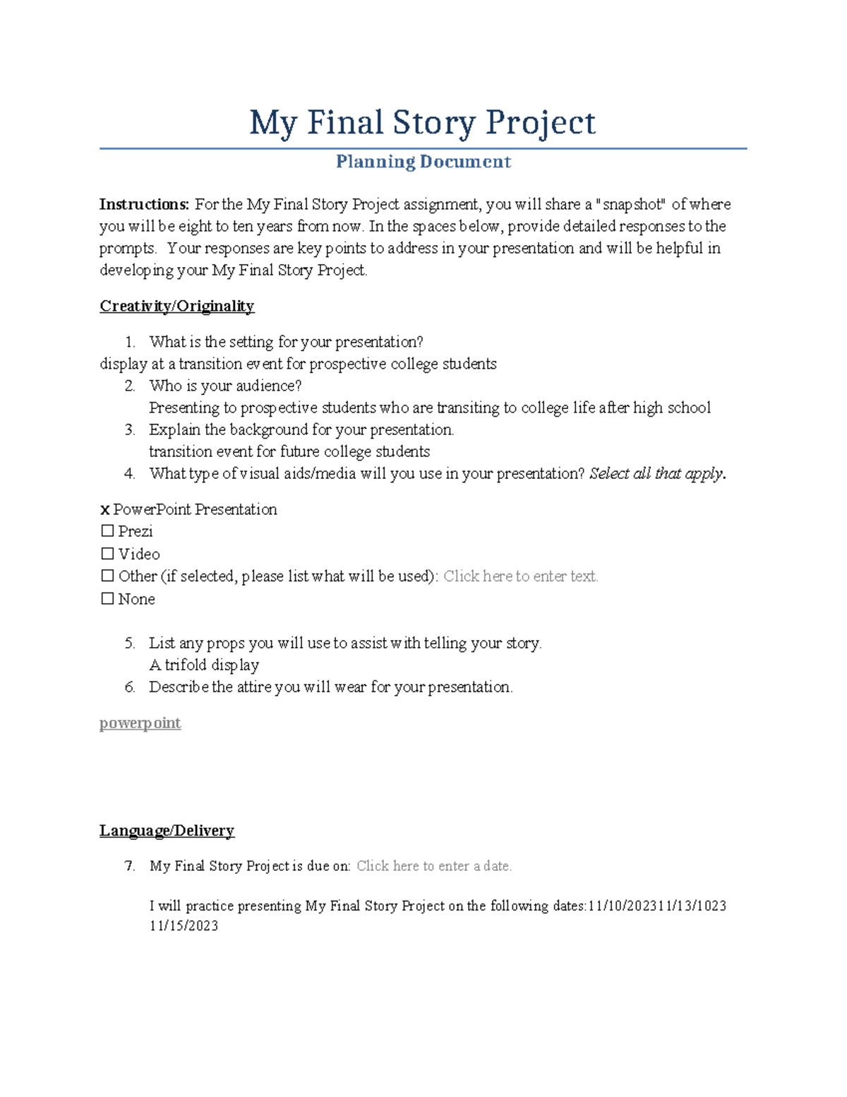 My FSP Planning Document for Final Story Project Assignment - Studocu