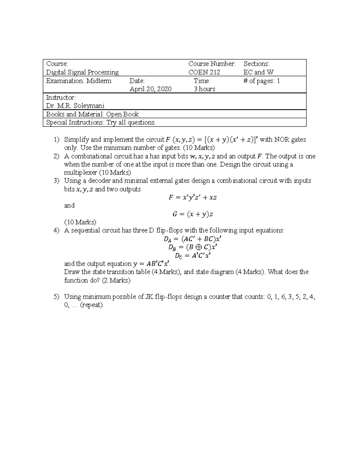 COEN212 Final Exam Review: Digital Signal Systems Design - Studocu