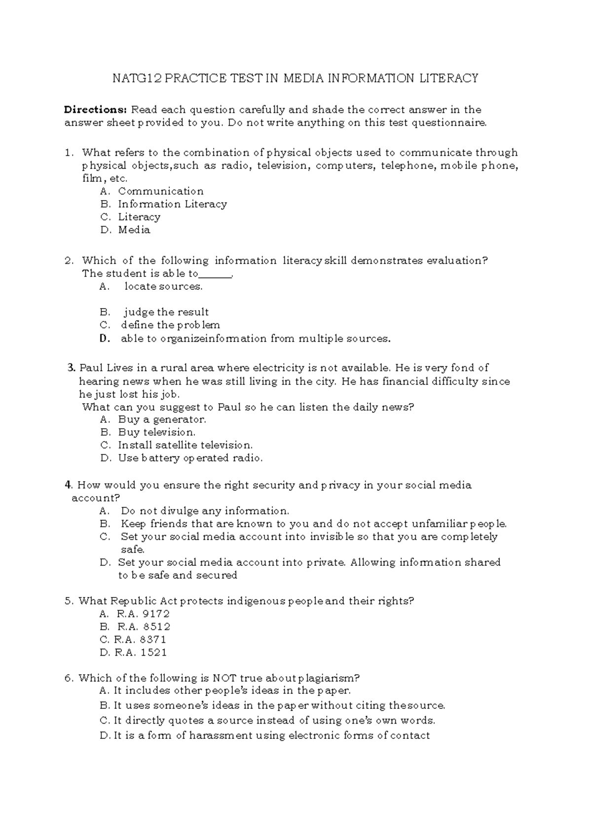 NATG12 Practice Test: Media and Information Literacy Reviewer - Studocu