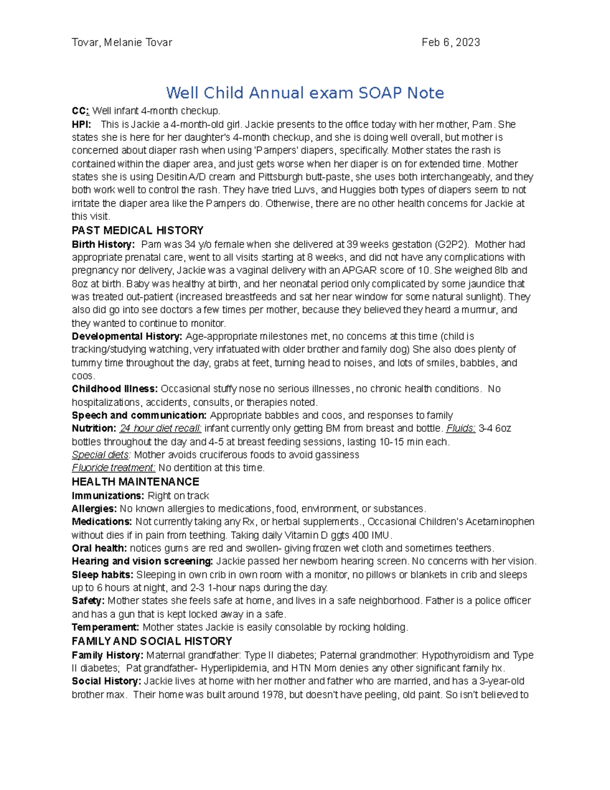 Well Child 4-Month Exam SOAP Note (Tovar, Melanie - Feb 2023) - Studocu