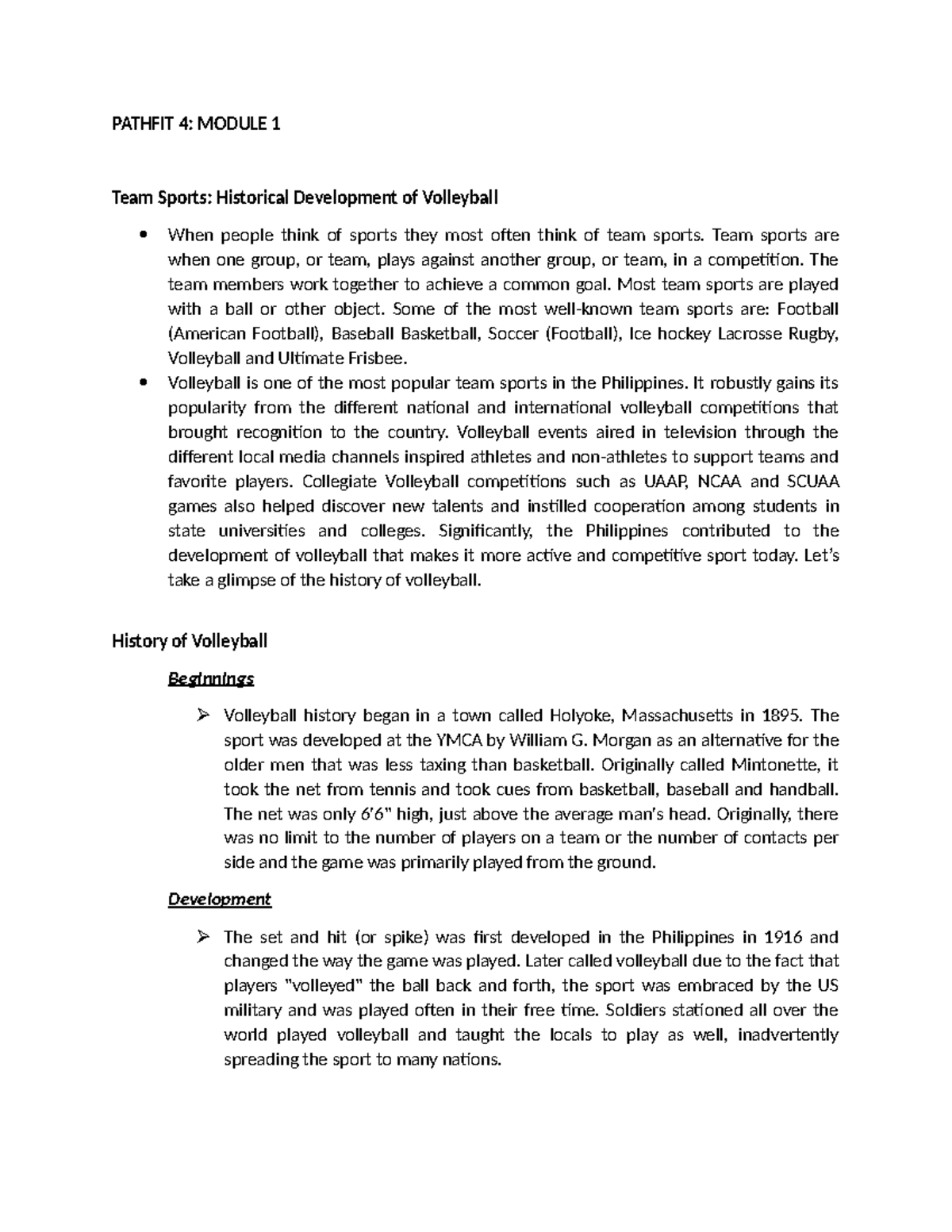 Pathfit 4 - Module 1: Historical Development of Volleyball - Studocu
