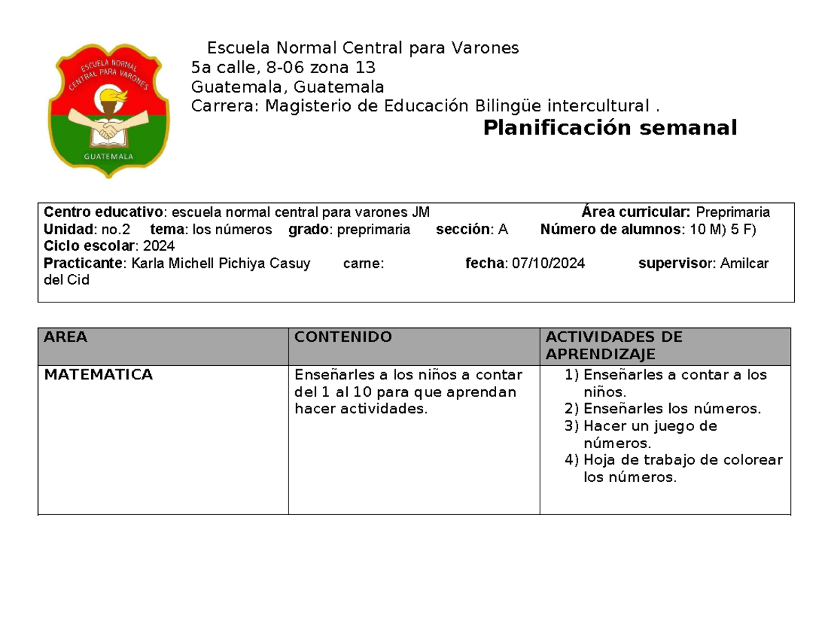 Planificación Semanal de Matemáticas para Preprimaria - Magisterio ...
