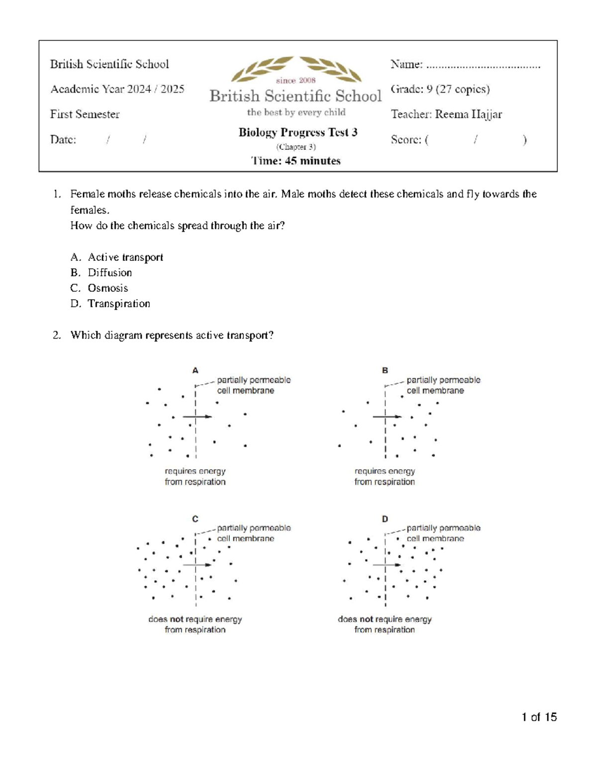 G9 Biology PT.03 (CH3) - Exam Review on Transport Mechanisms - Studocu