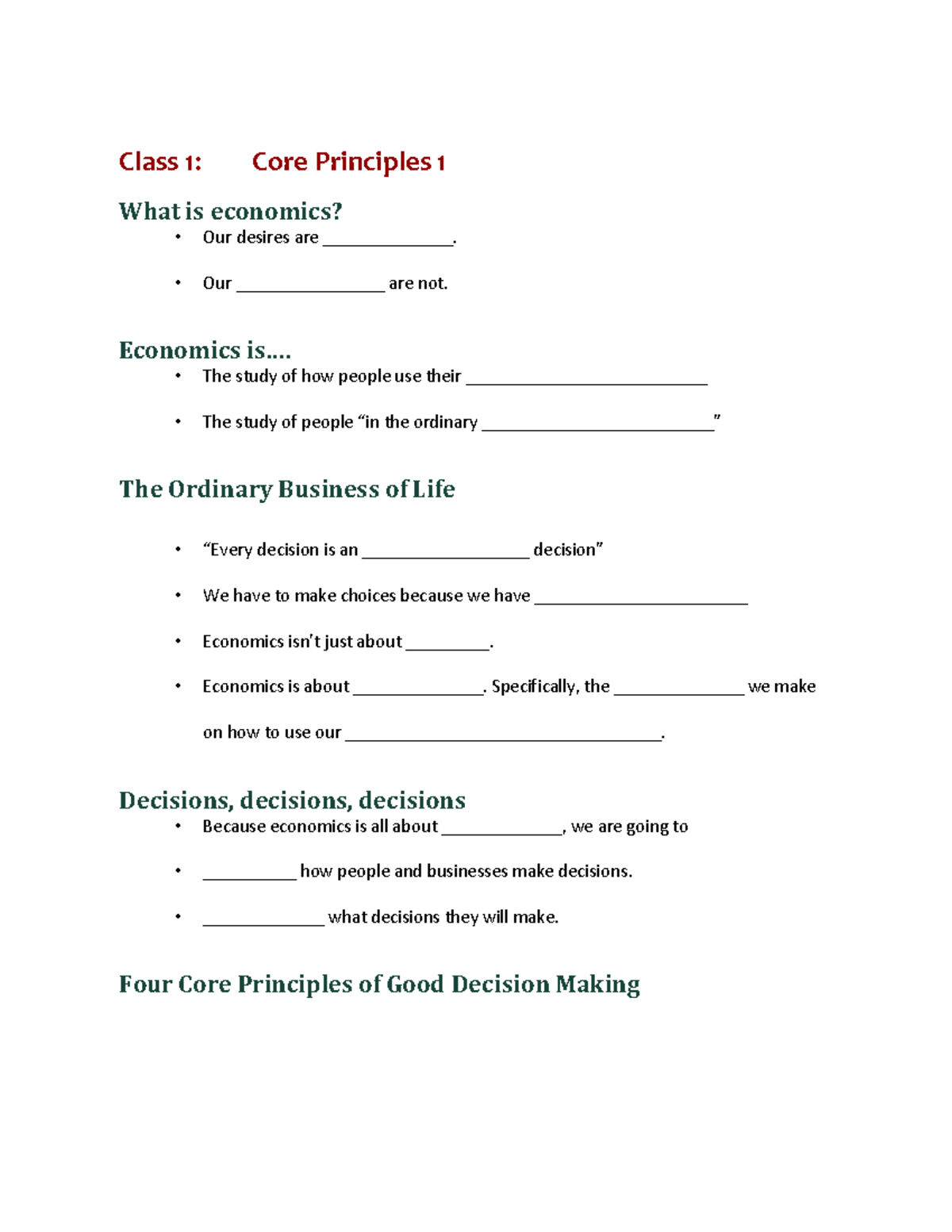 Class 1 - Core Principles of Economics: Cost-Benefit Analysis - Studocu