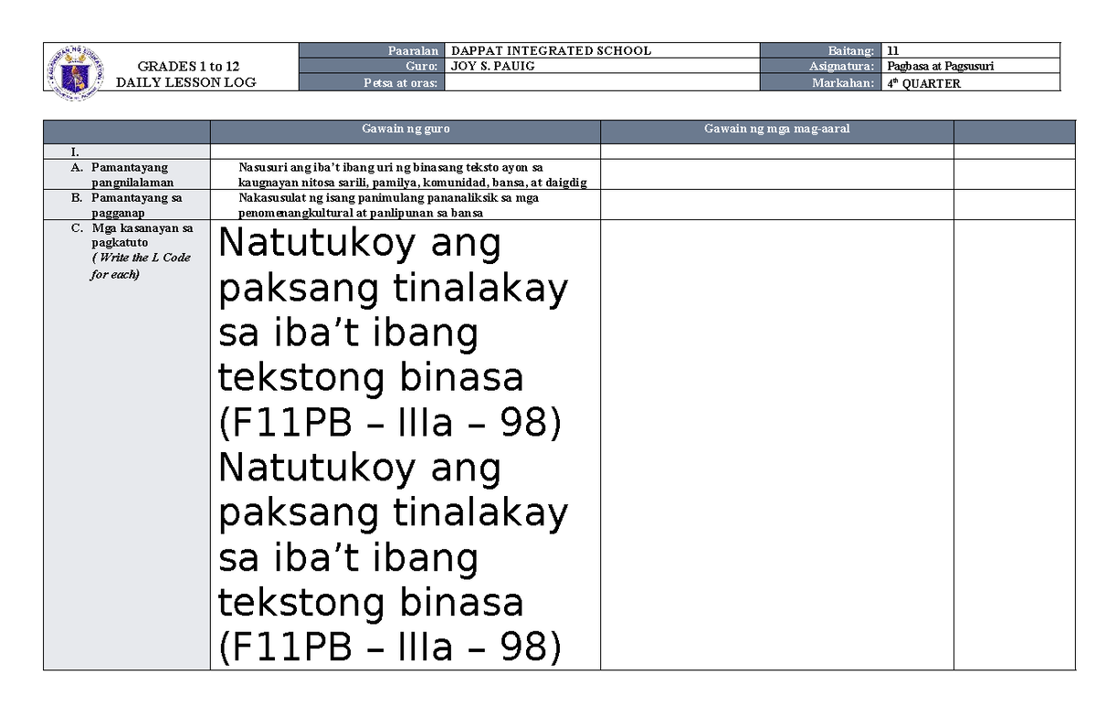 Fili 11: Daily Lesson Log on Research Methods and Sampling Techniques - Studocu