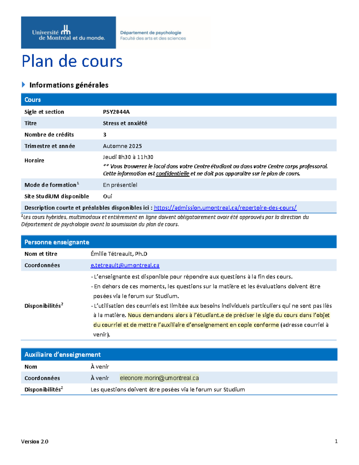 PSY2044A - Plan de cours sur le Stress et l'Anxiété Automne 2025 - Studocu
