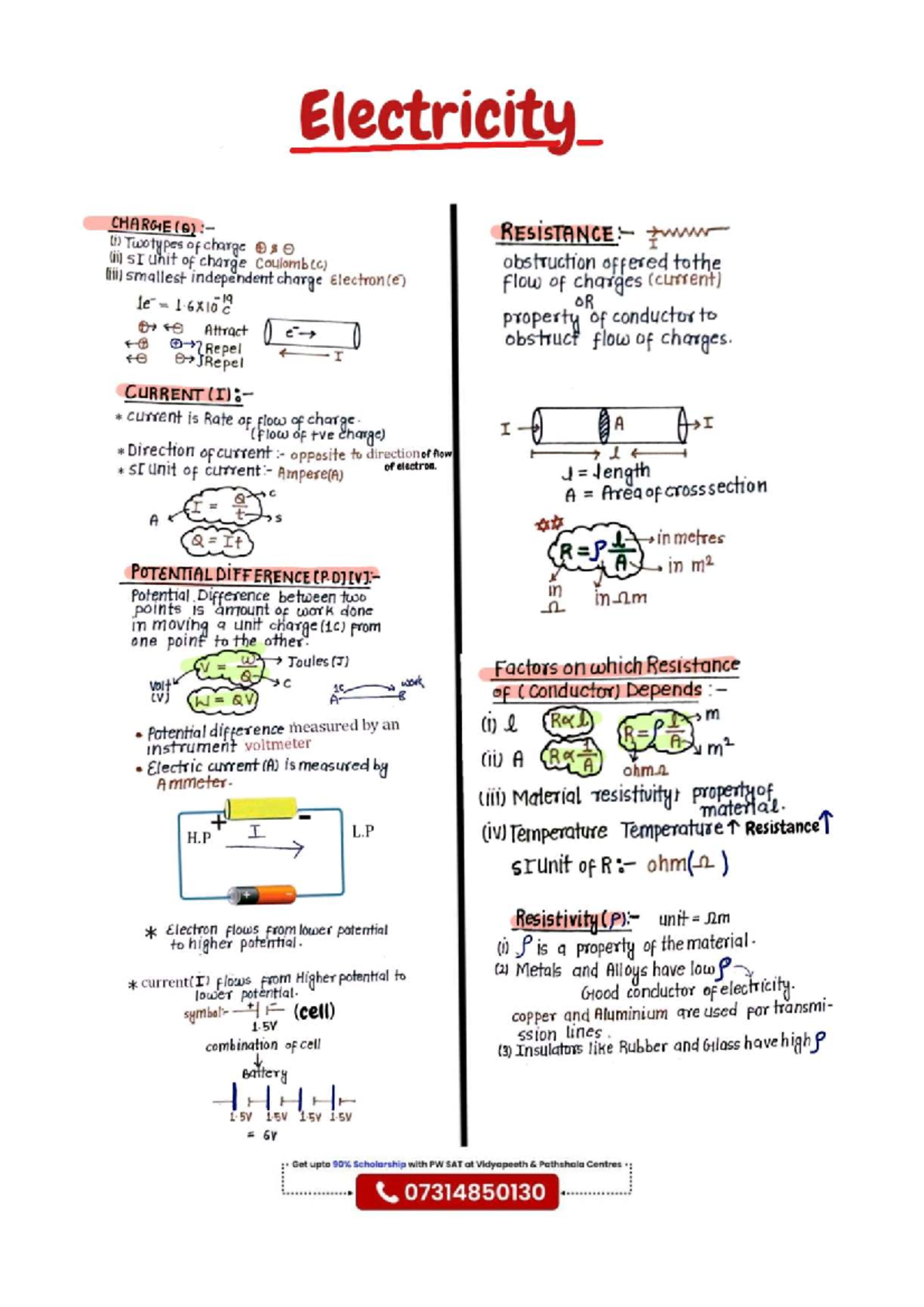 Electricity Notes: Charge, Current, and Resistance Concepts (260421 ...