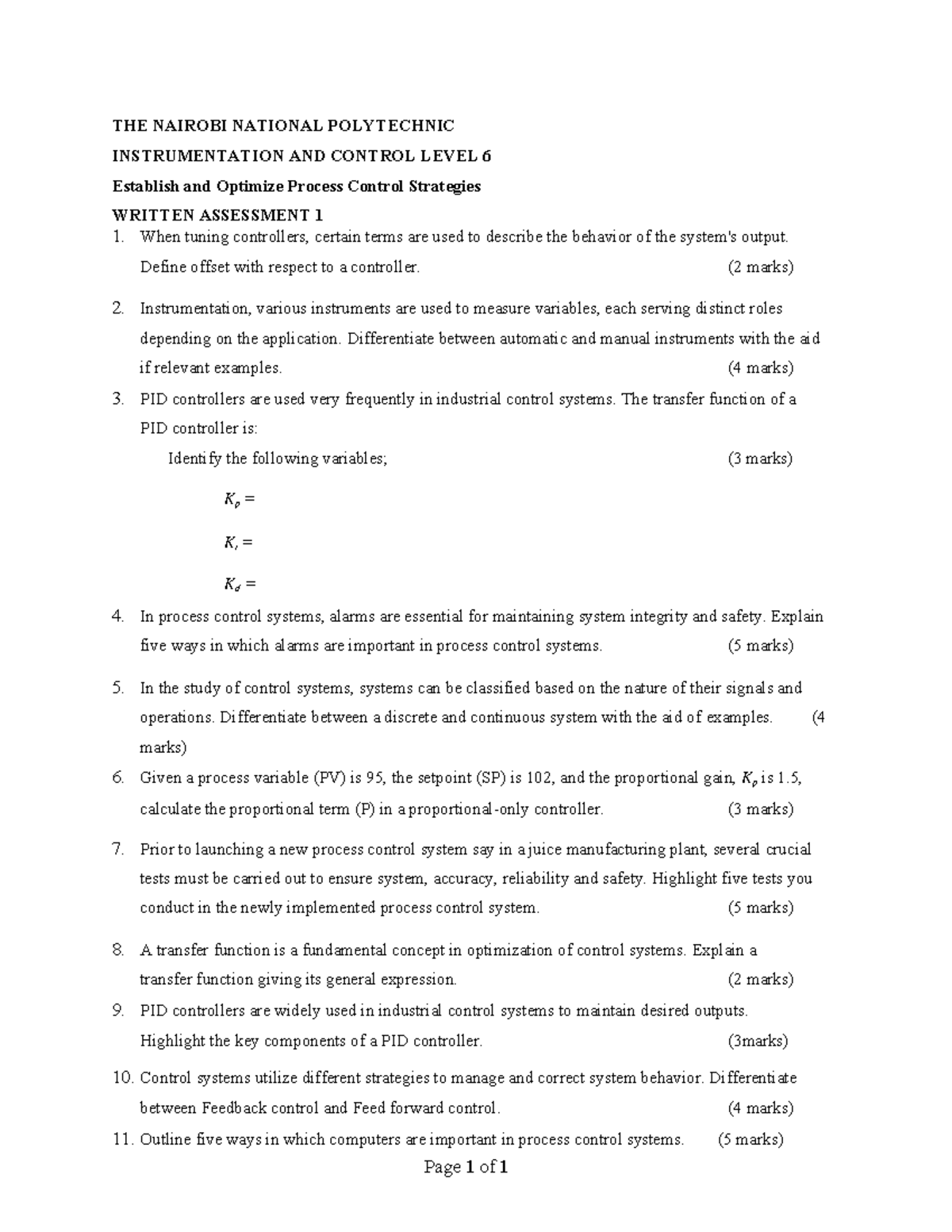 Nairobi National Polytechnic Instrumentation & Control Level 6: Process ...