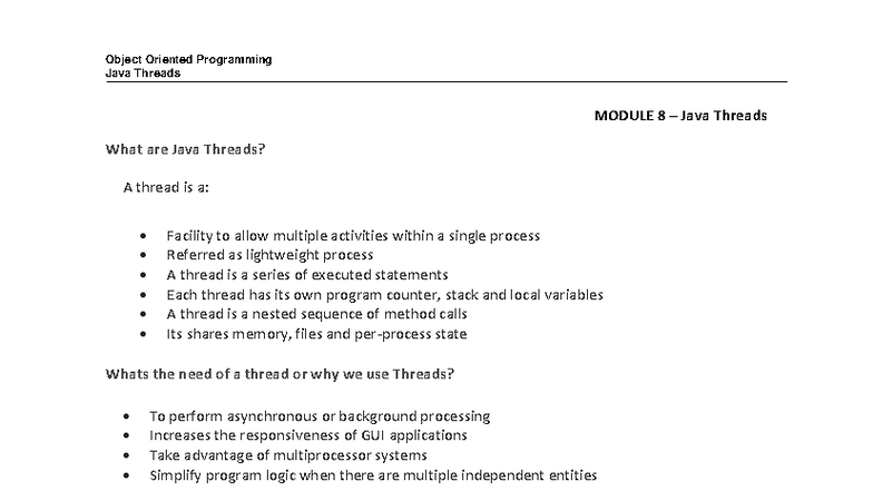 Week 12 - Java Threads Overview and Implementation in OOP - Studocu