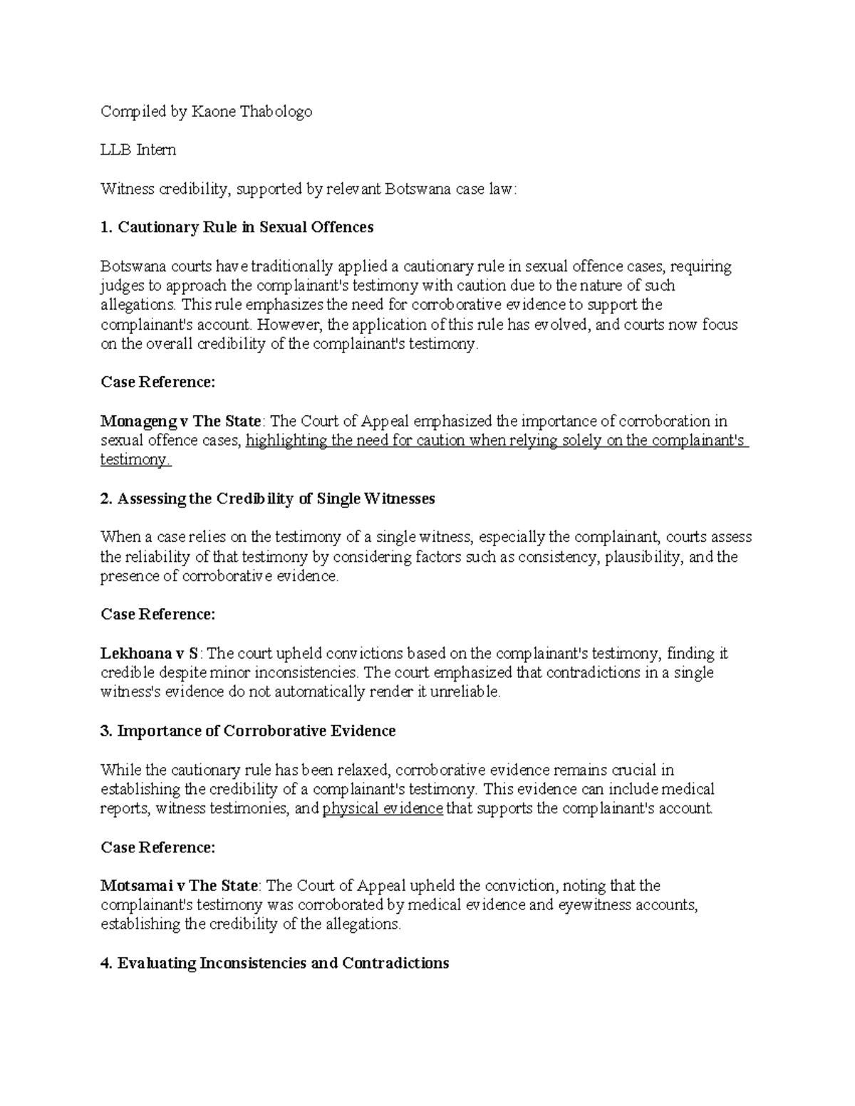 LLB Case Study: Witness Credibility & Cautionary Rule in Botswana - Studocu