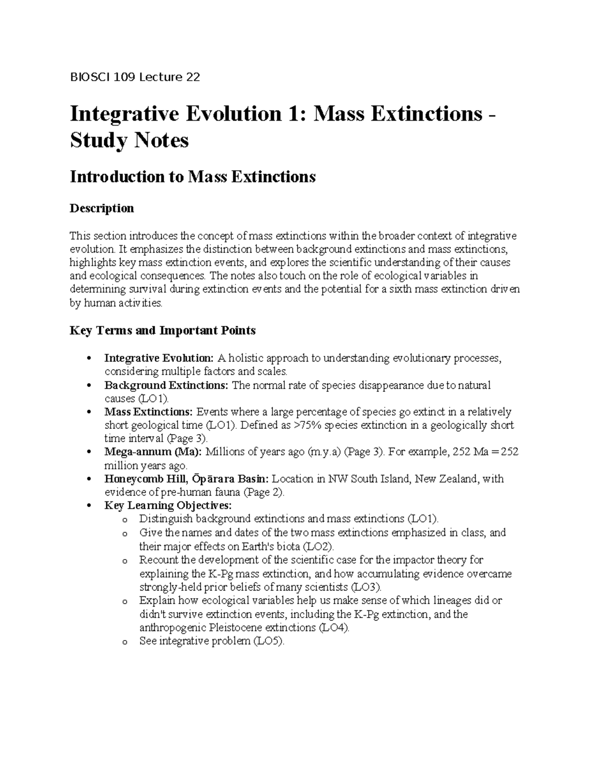 BIOSCI 109 Lecture 22: Study Notes on Mass Extinctions and Evolution ...