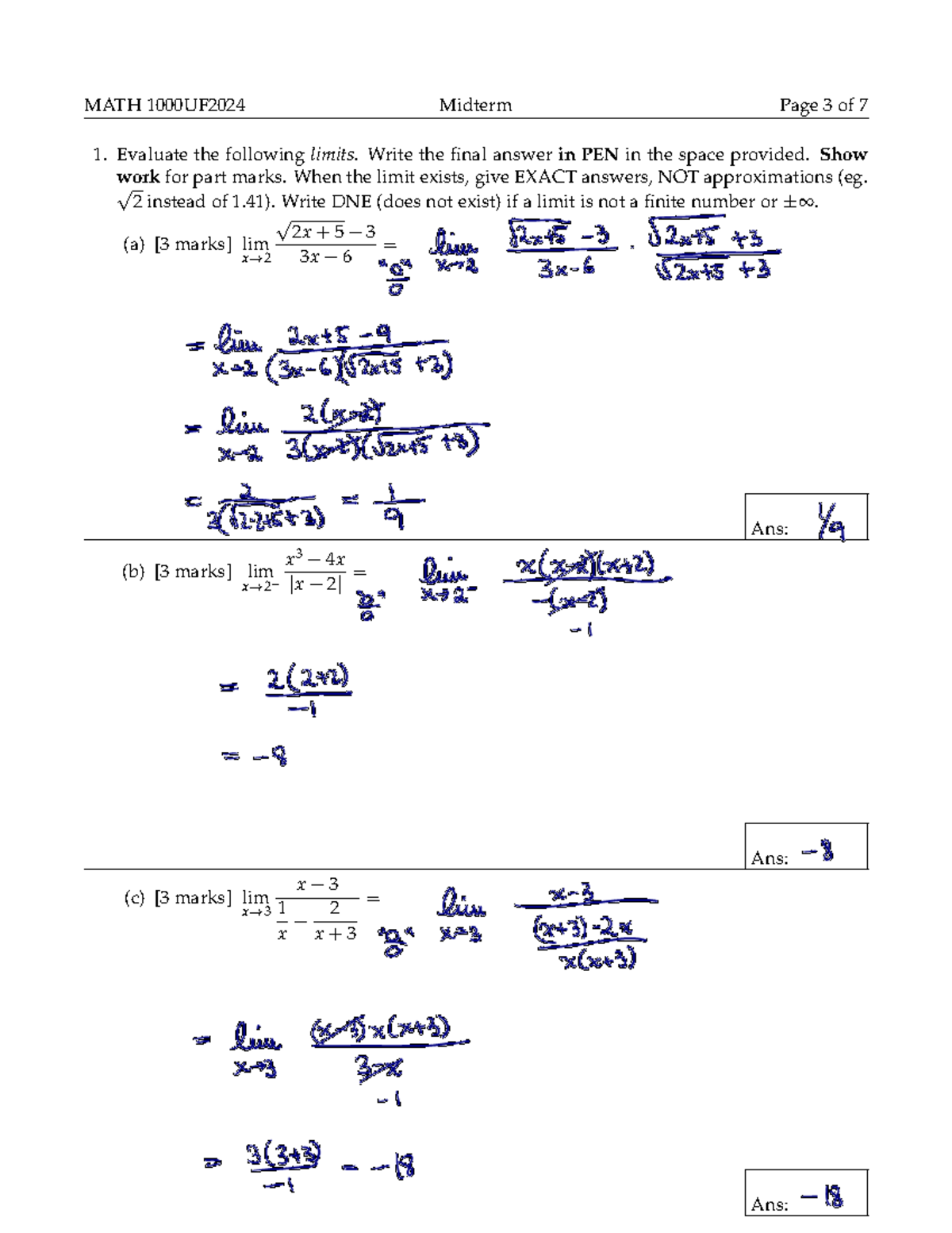 F24 MATH1000 Calc I Midterm Exam Solutions and Limits - Studocu