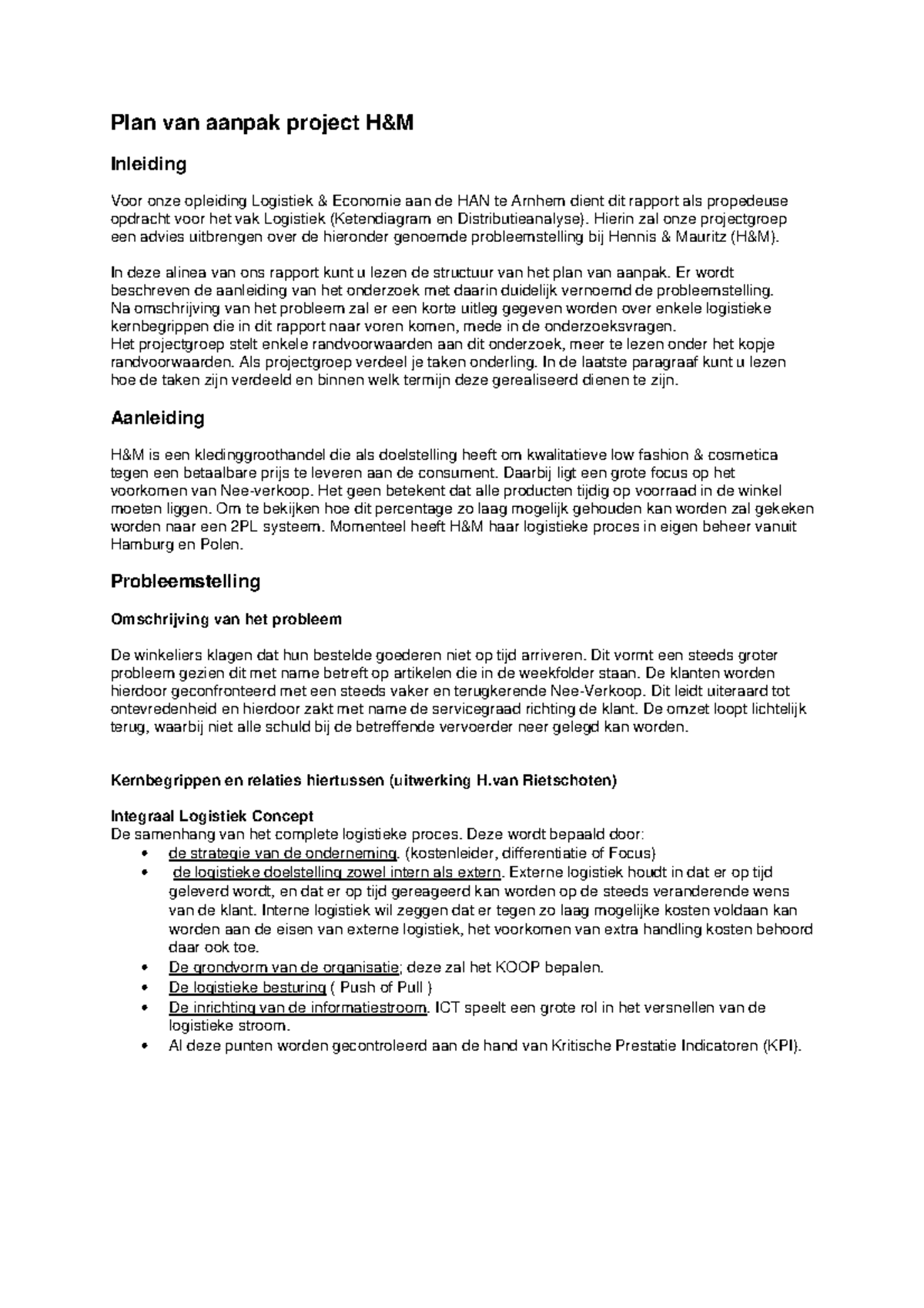 Plan van Aanpak Logistiek Project H&M (Logistiek 101) - Studeersnel