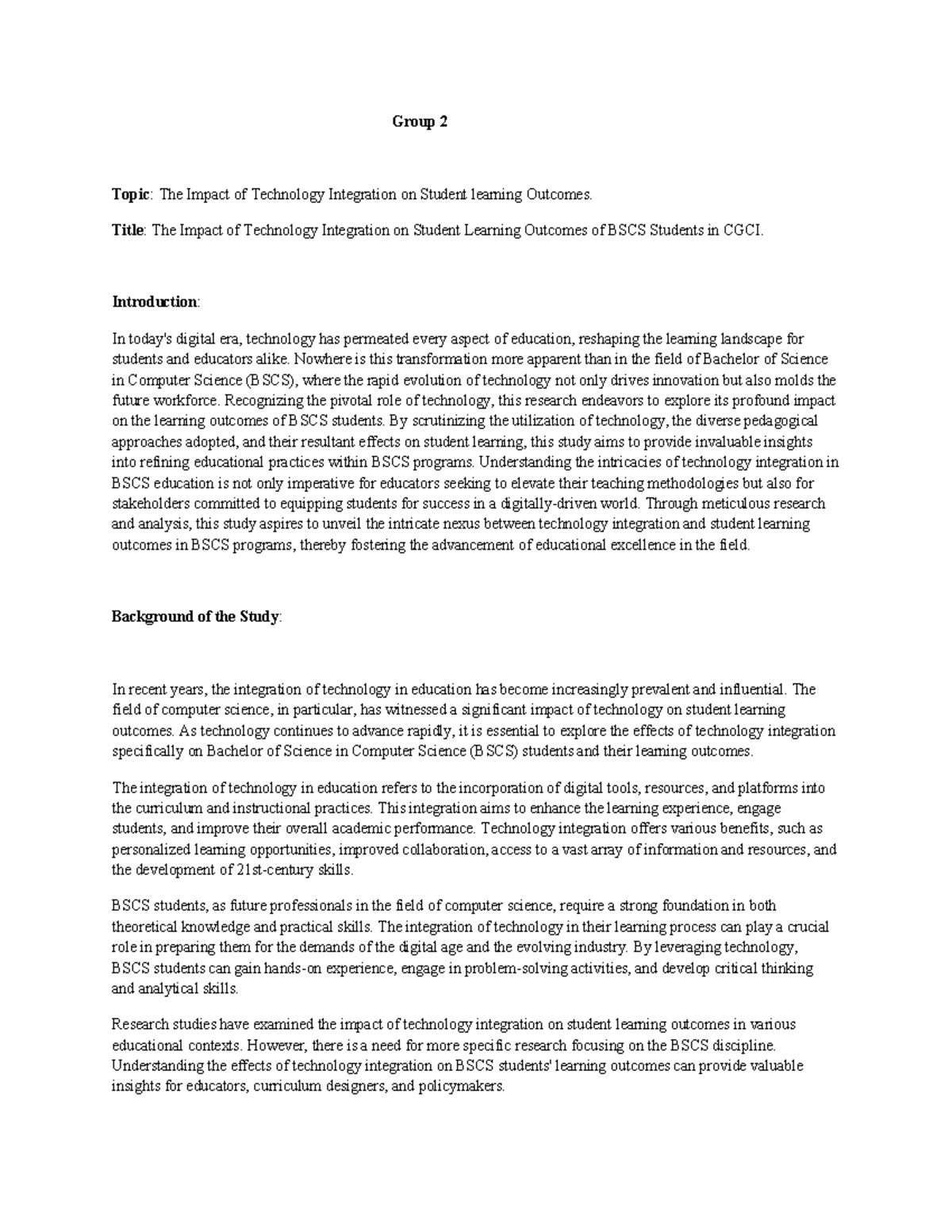 The Impact of Technology Integration on Learning Outcomes in BSCS - Studocu