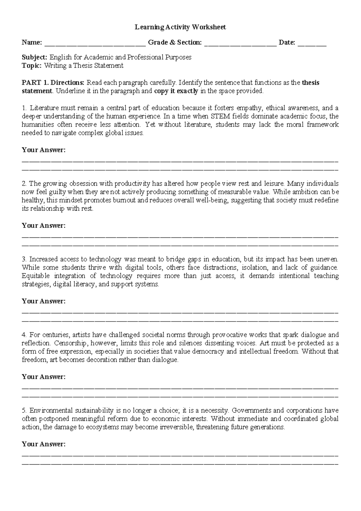 Thesis Statement Worksheet for English 101: Writing Skills - Studocu