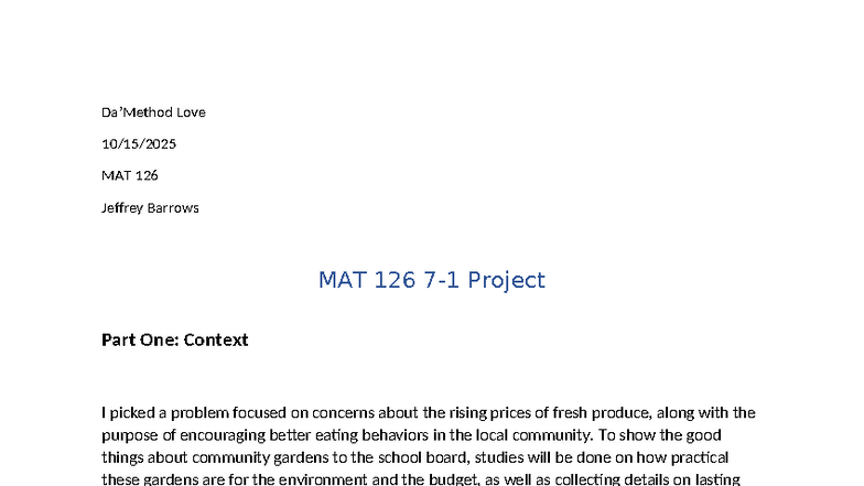 MAT 126 Project Part One: Analyzing Community Garden Benefits - Studocu