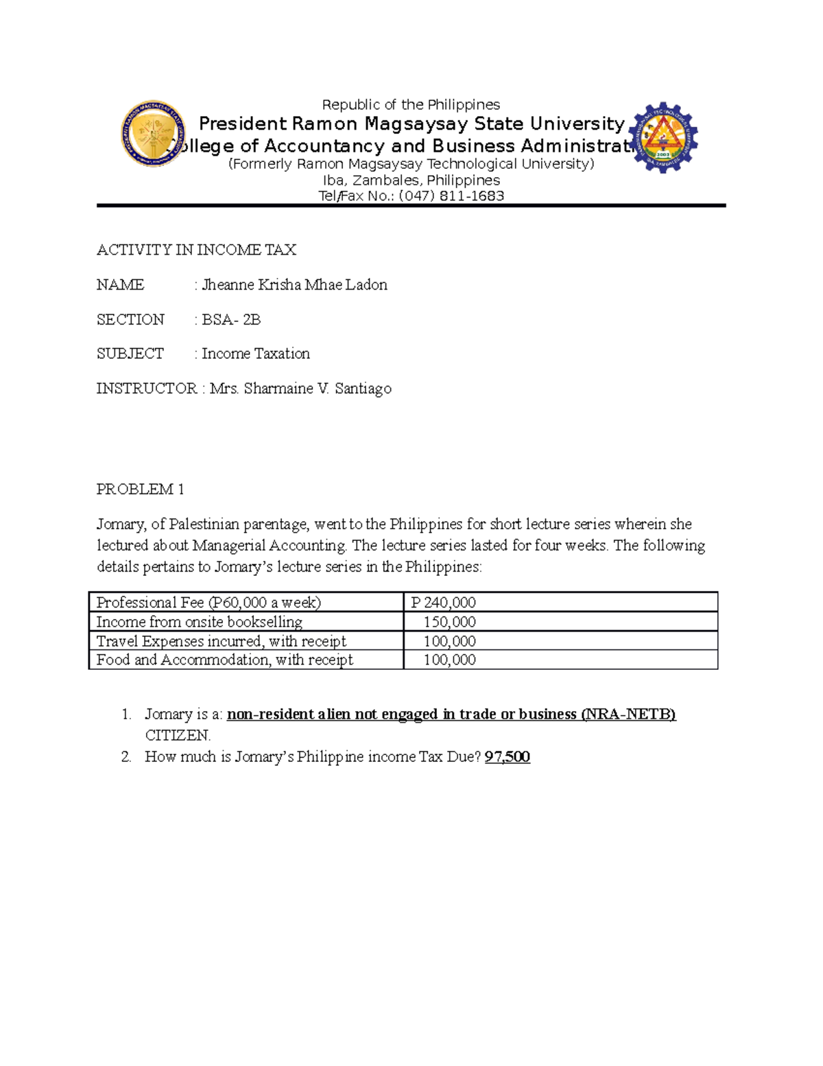 Income Taxation Activity Sheet for BSA-2B - Jheanne Ladon - Studocu