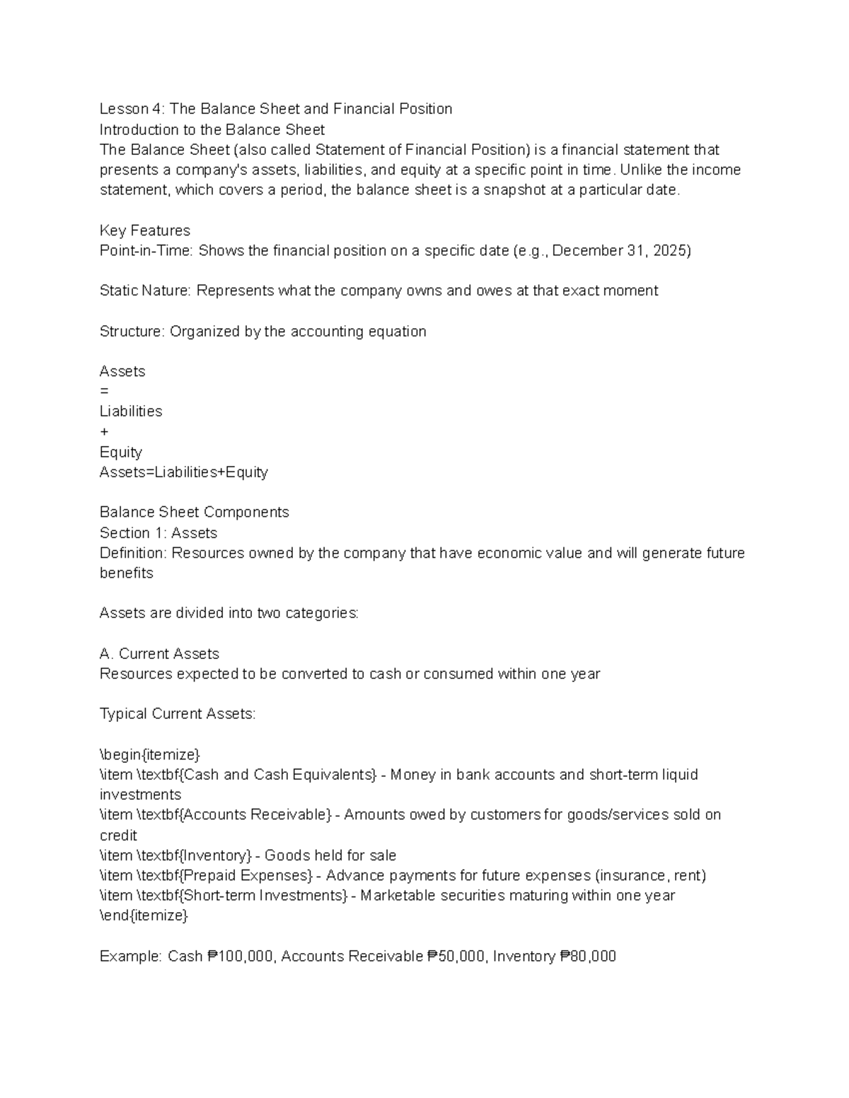 Lesson 4: Understanding the Balance Sheet & Financial Position - Studocu