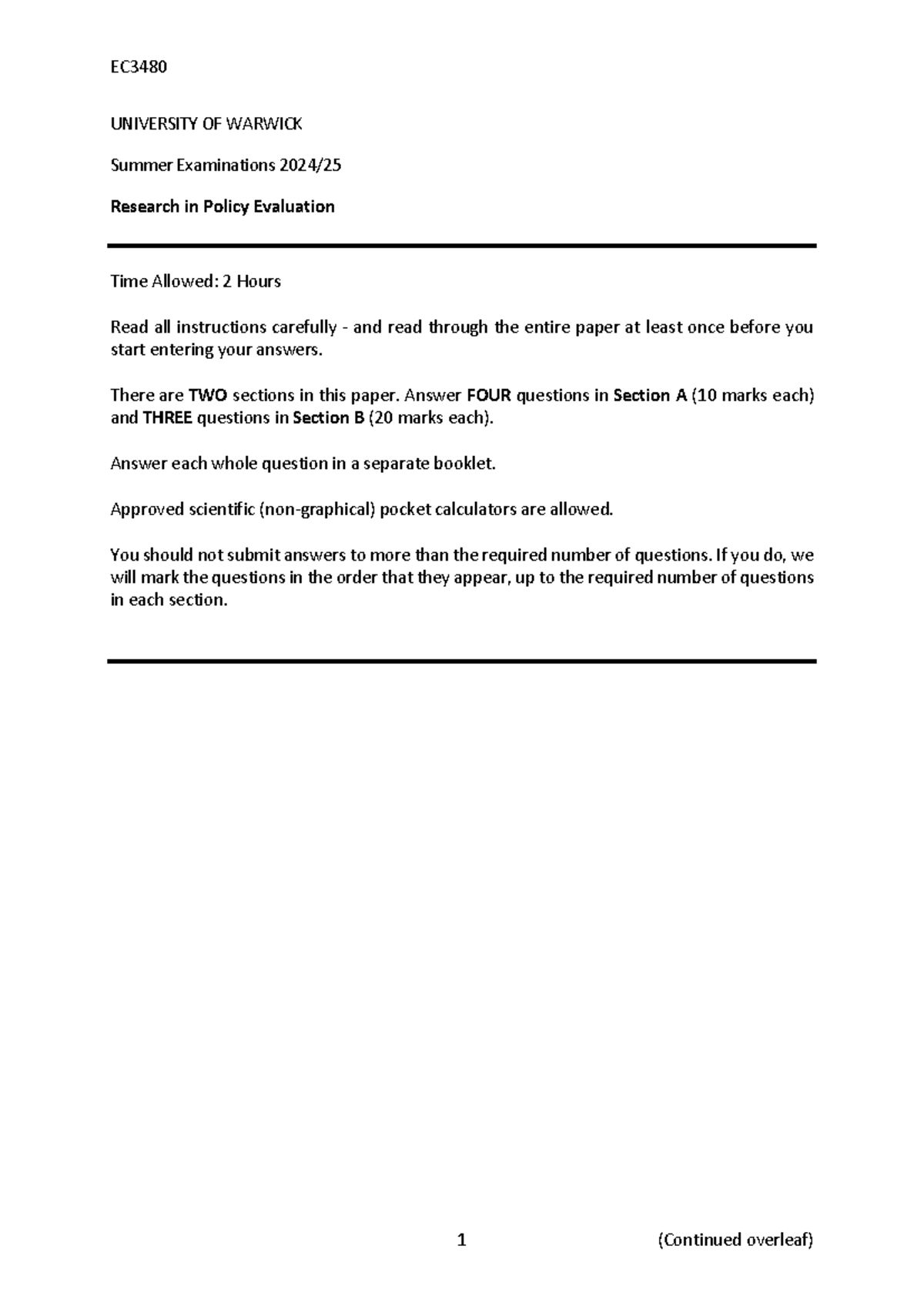 EC3480 Final Exam: Research in Policy Evaluation - Studocu