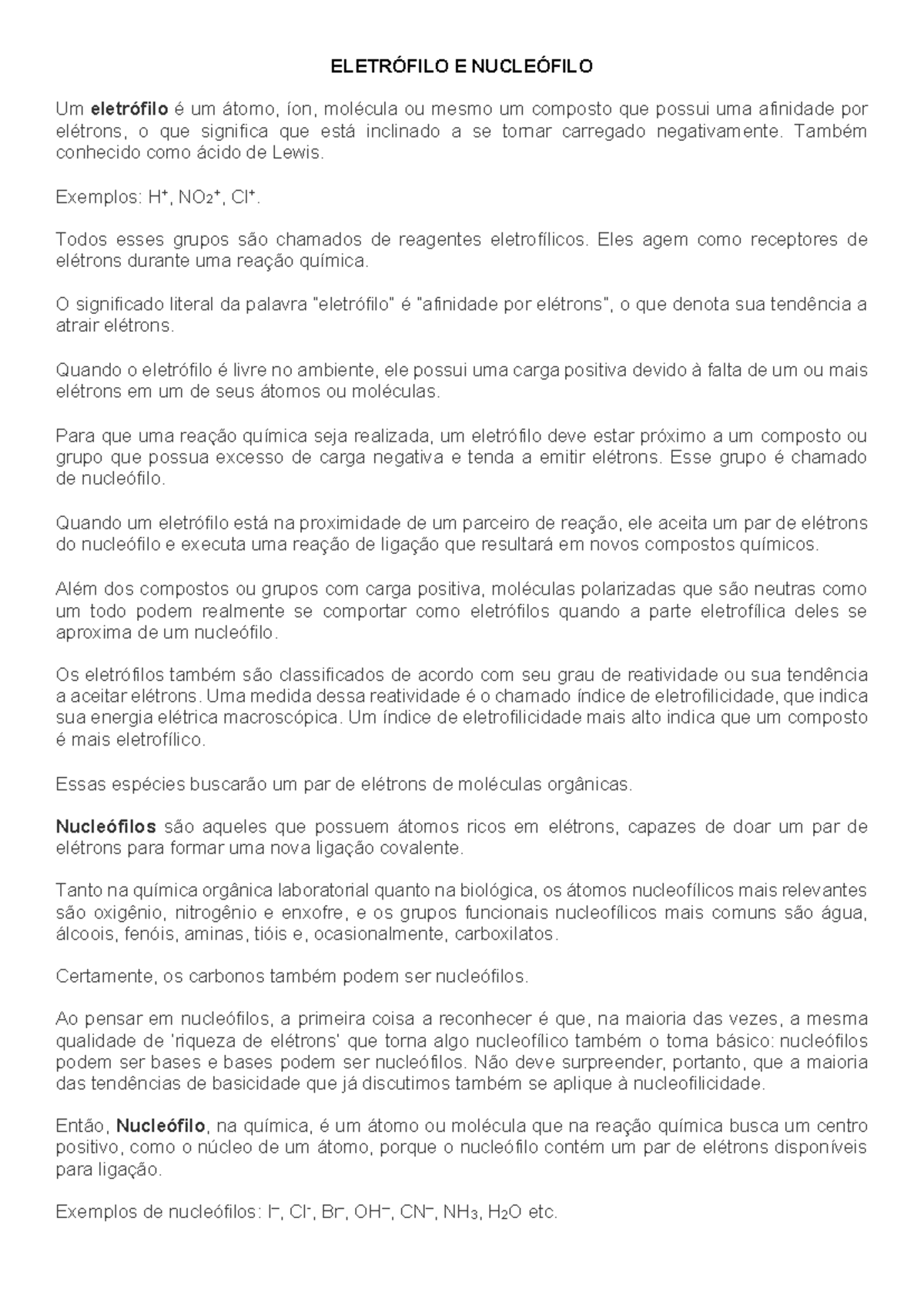 Resumo - Eletrófilo e Nucleófilo: Definições e Exemplos Explicativos ...
