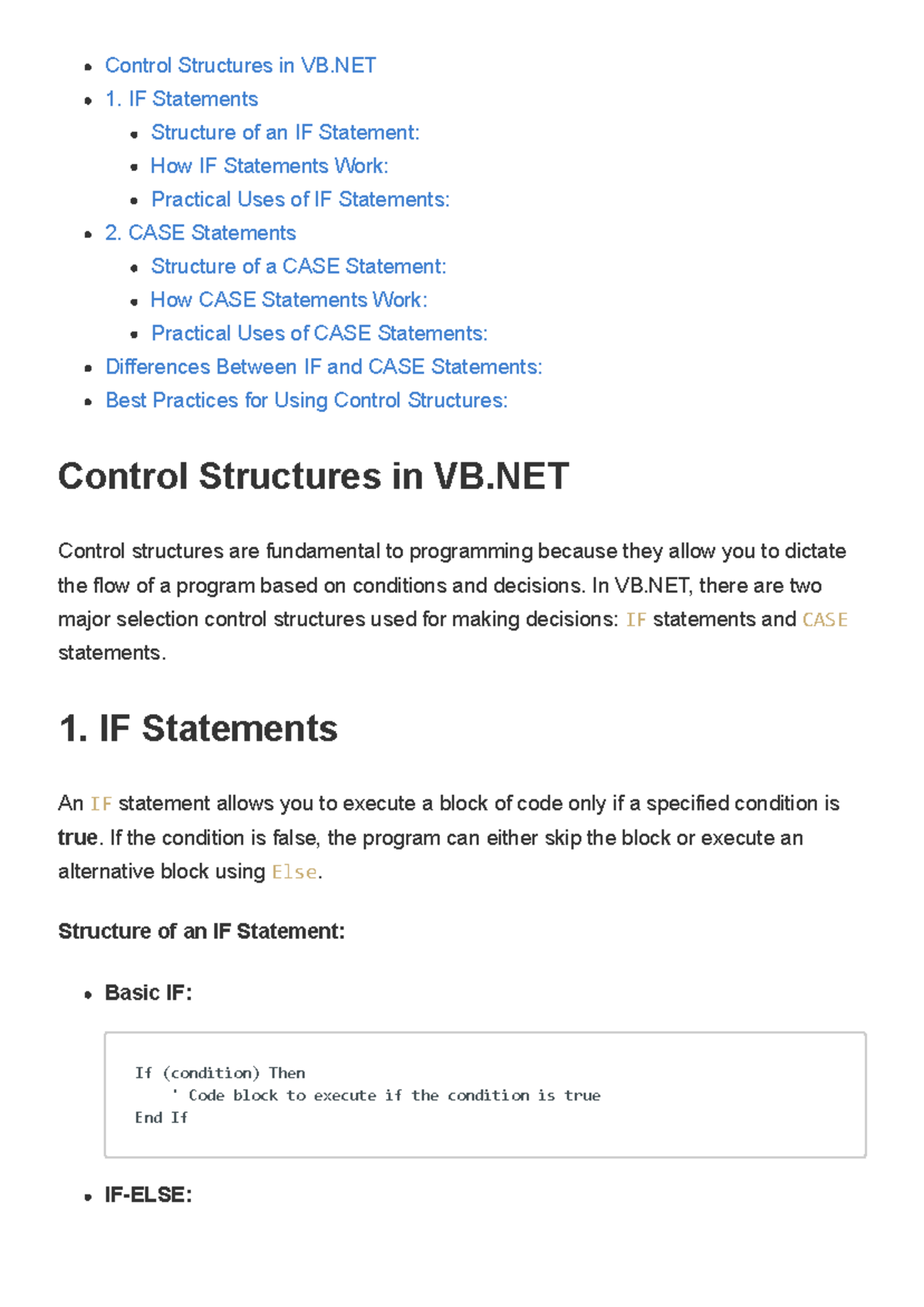CIT 0112 Lecture 2 - notes - Control Structures in VB IF Statements ...