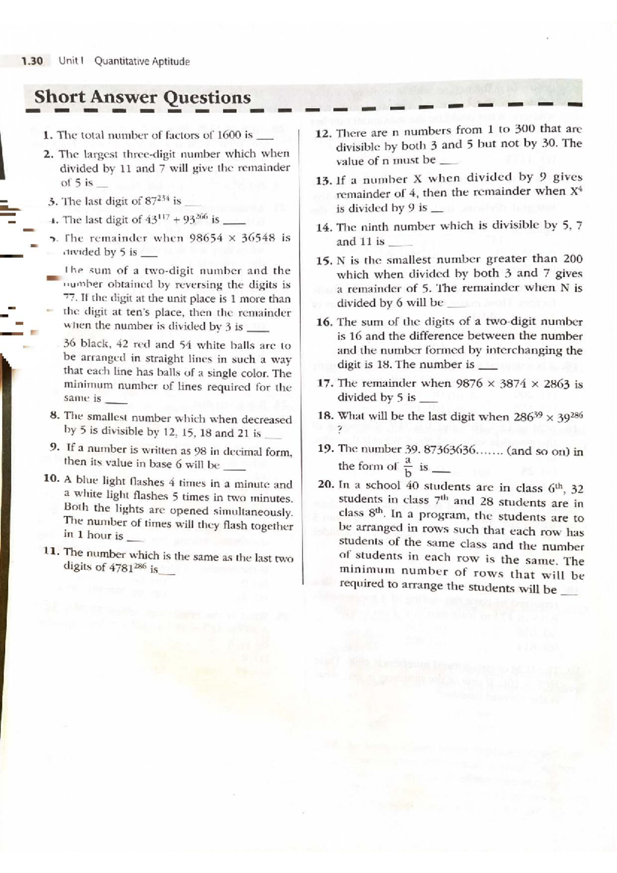 1.30 Unit Quantitative Aptitude Short Answer Questions - Studocu