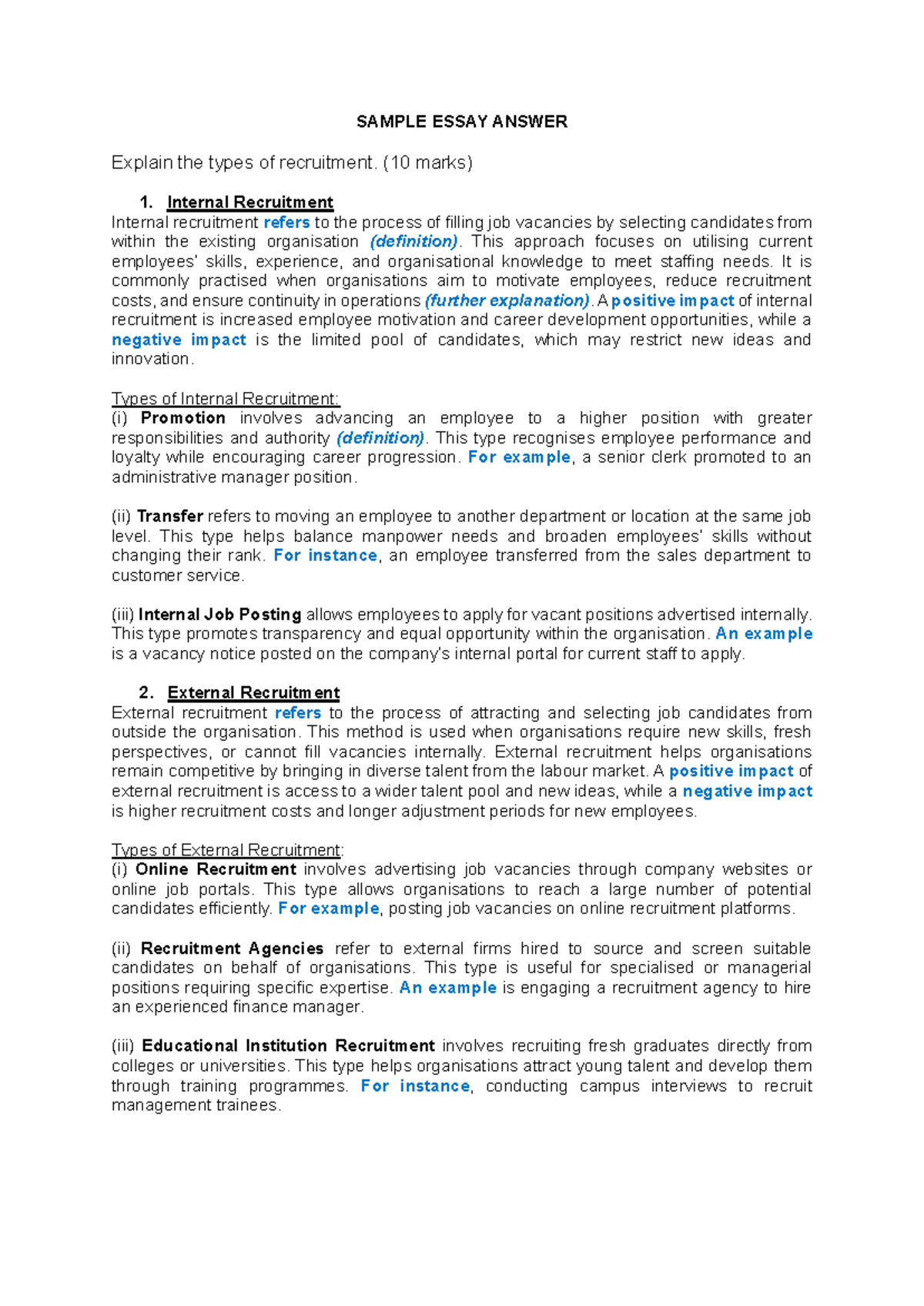 MGT340 Sample Essay: Types of Recruitment Explained (10 Marks) - Studocu