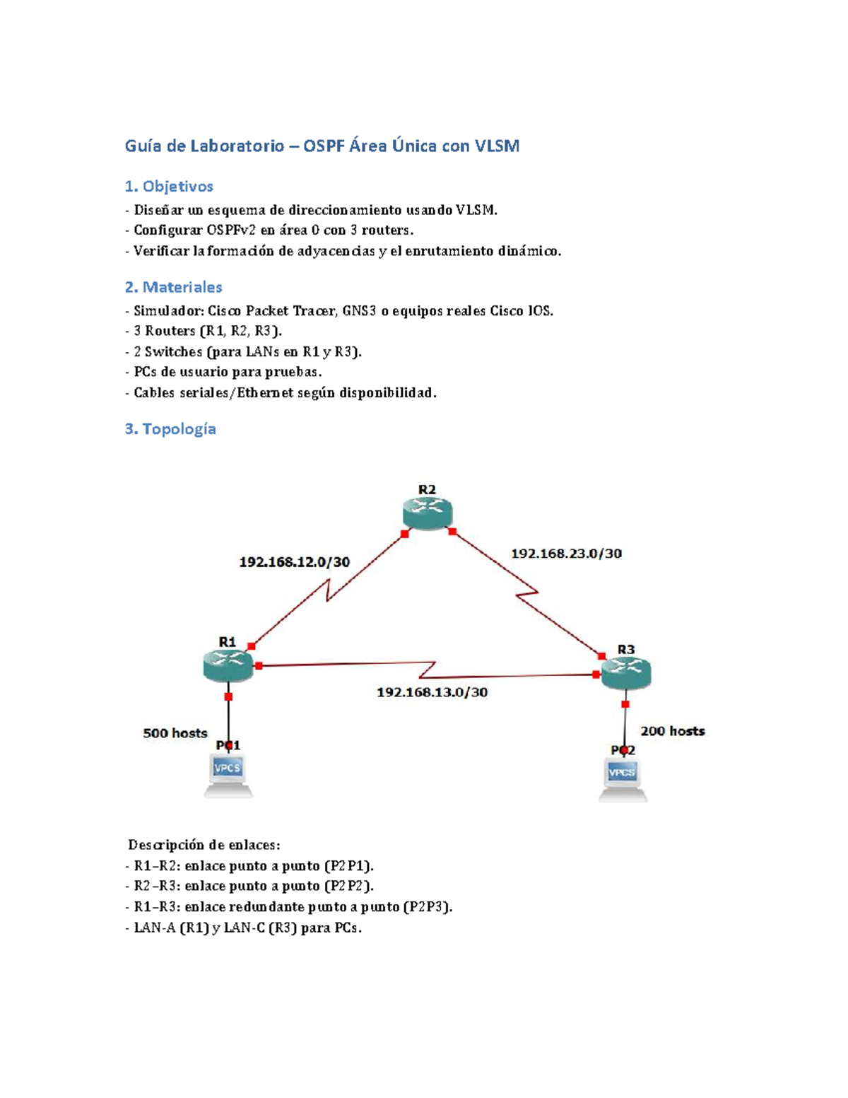 Guía de Laboratorio OSPF Área Única con VLSM - Configuración y Direccionamiento - Studocu