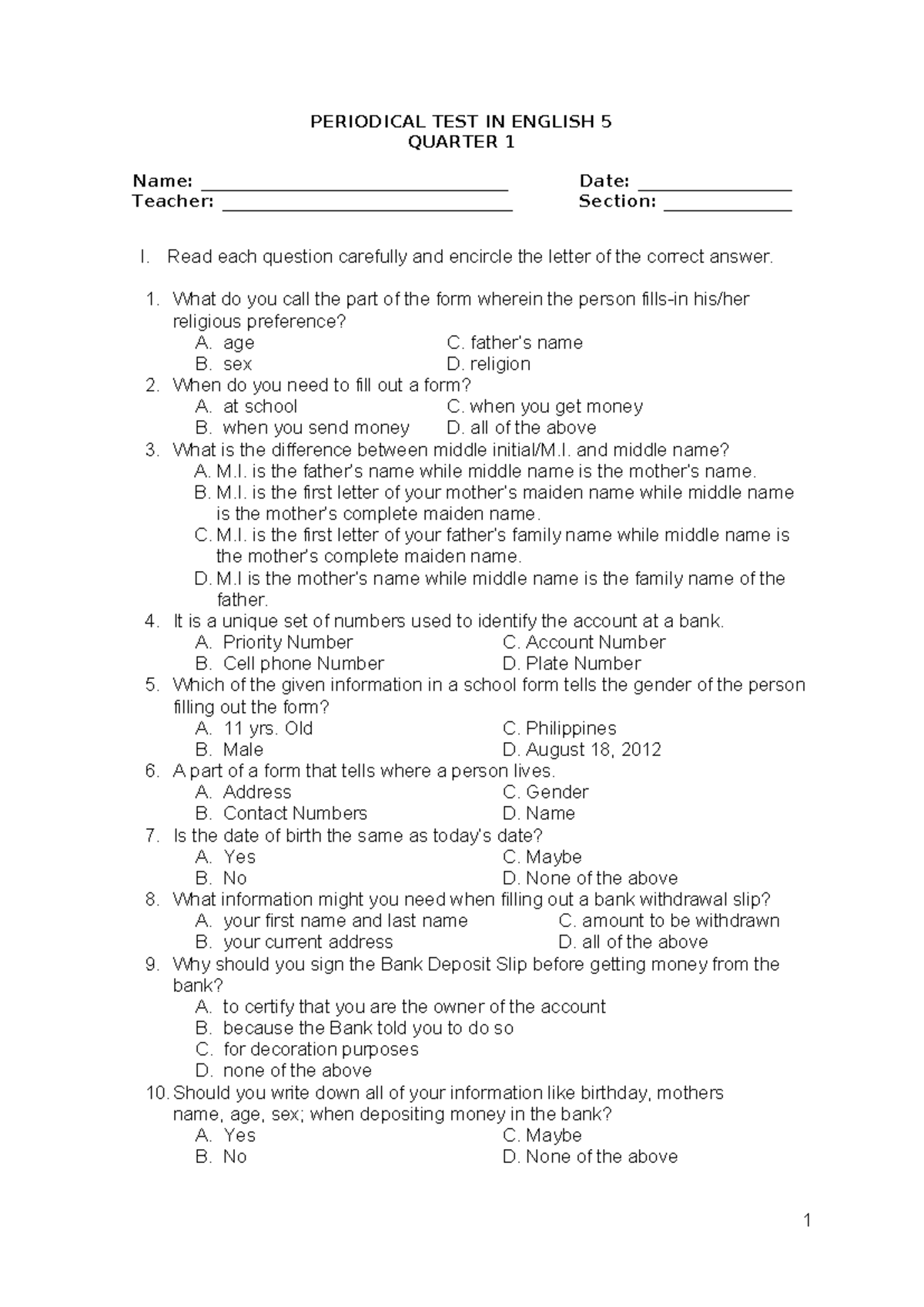 First Periodic TEST English 5 2024-2025 - PERIODICAL TEST IN ENGLISH 5 ...