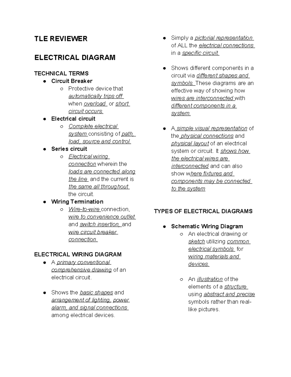 TLE 3RD Qtr Reviewer: Electrical Diagrams & Technical Terms - Studocu