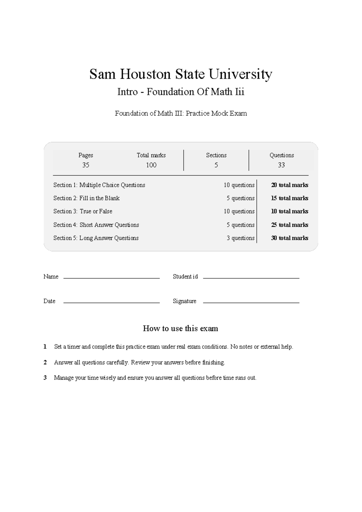 MATH 3381 Intro - Foundation of Math III Practice Mock Exam 2026 - Studocu
