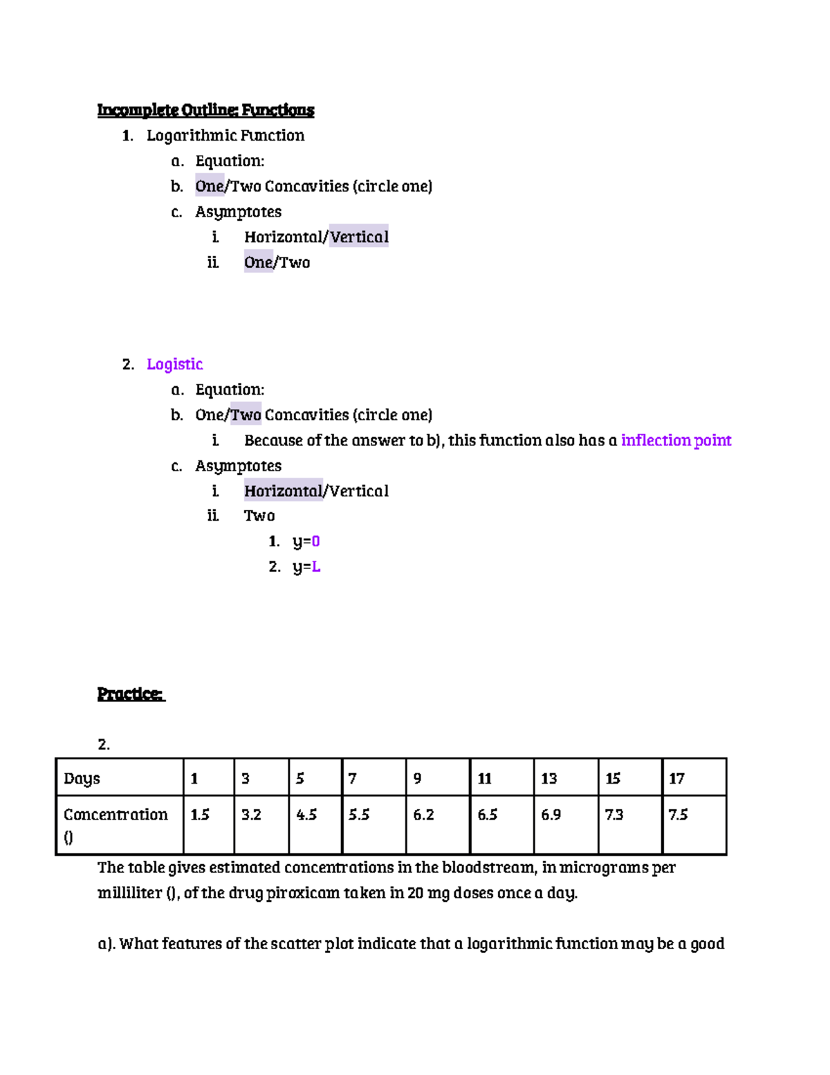 Math 1020 Outline: Logarithmic & Logistic Functions Summary - Studocu