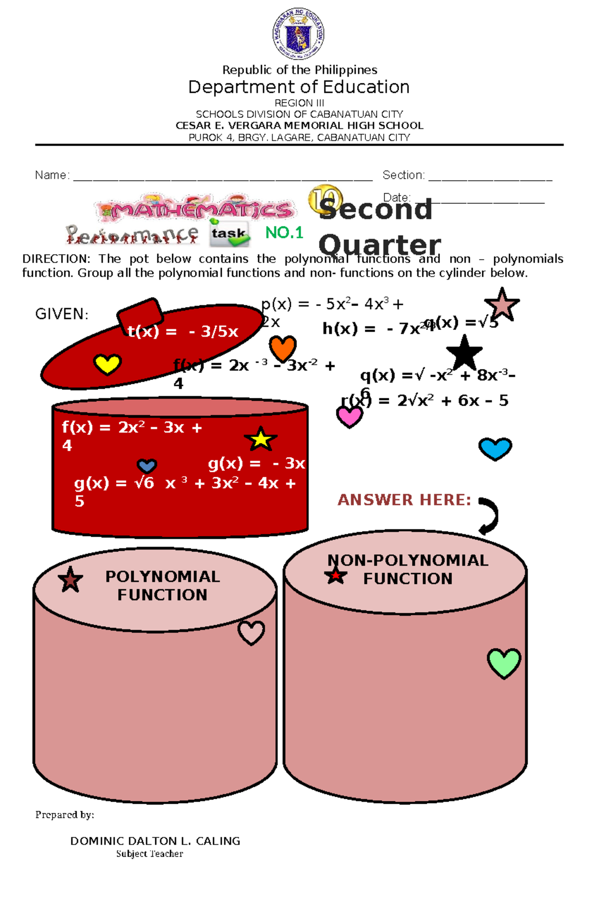 Grade 10 Performance Task: Polynomial Functions & Distance Formula (2nd ...