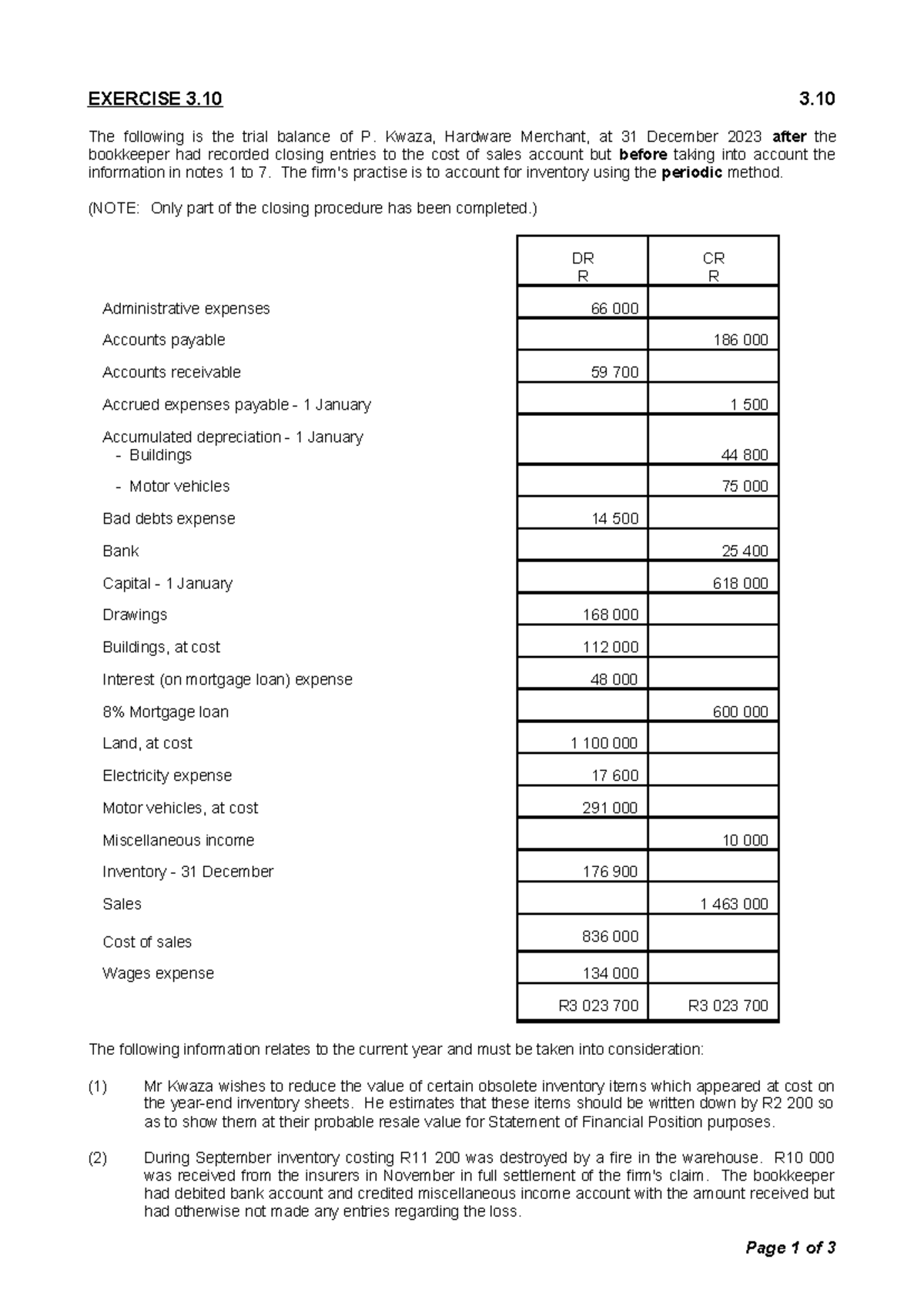 Exercise 3.10: Trial Balance Analysis & Financial Statements ...