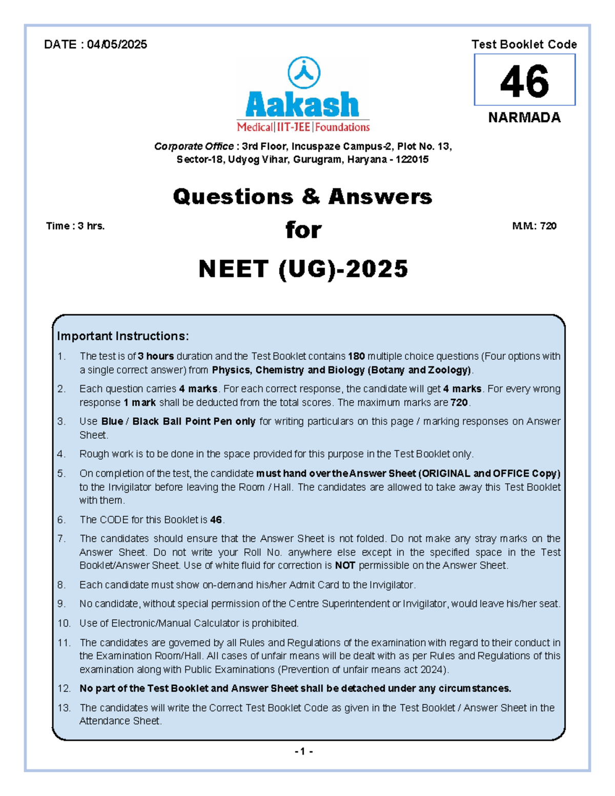 NEET 2024 Test Booklet Code 46: Important Questions & Instructions ...