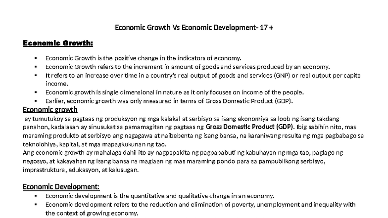 ECON 17: Economic Growth vs. Economic Development Overview - Studocu