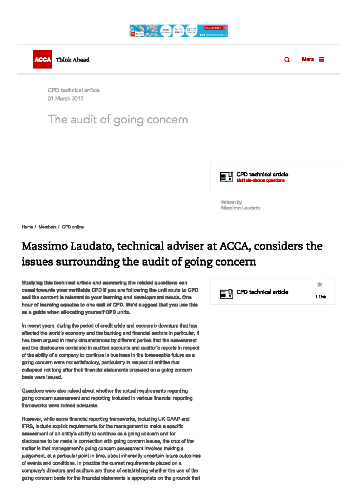 ACCA CPD Technical Article: Audit of Going Concern Insights - Studocu