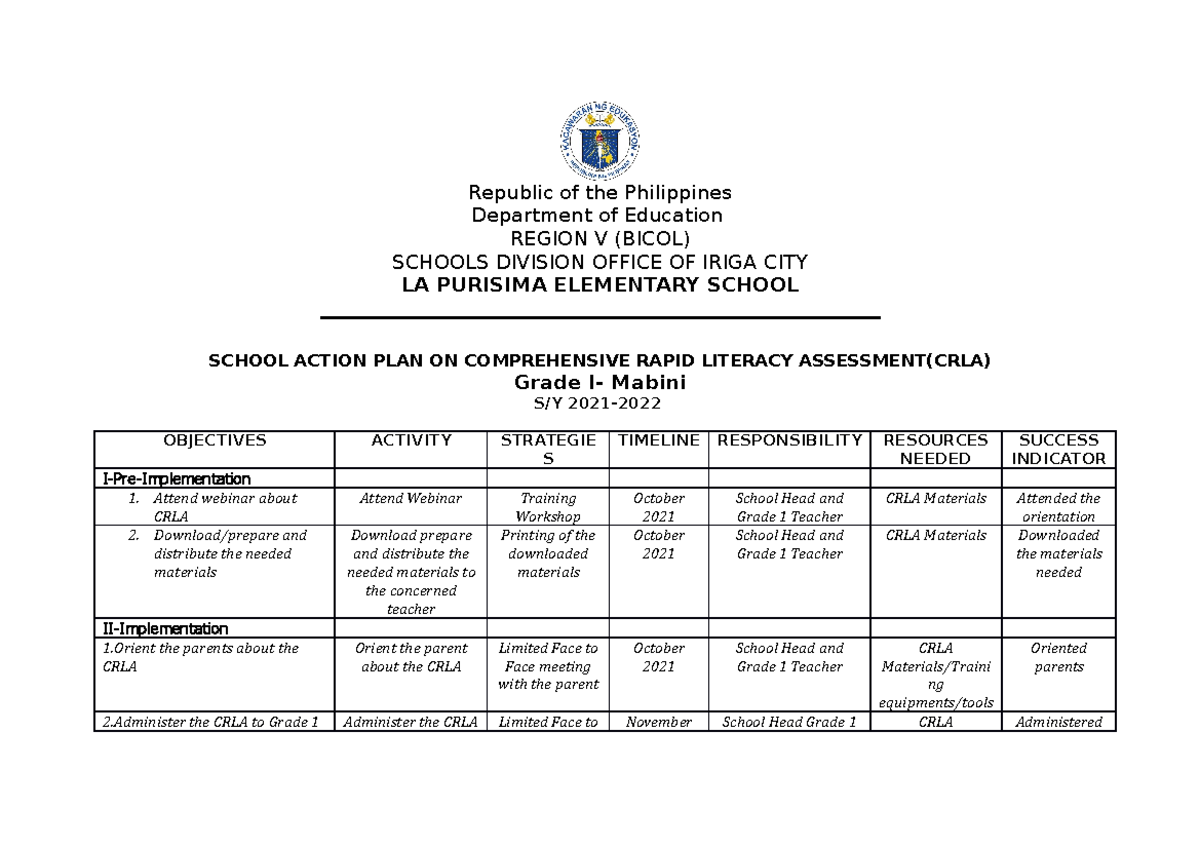 CRLA Action Plan for Grade 1 at La Purisima Elementary School - Studocu