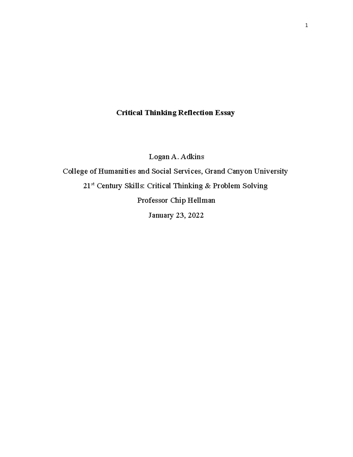 Critical Thinking Reflection Essay APA 7th ed. style - Critical ...