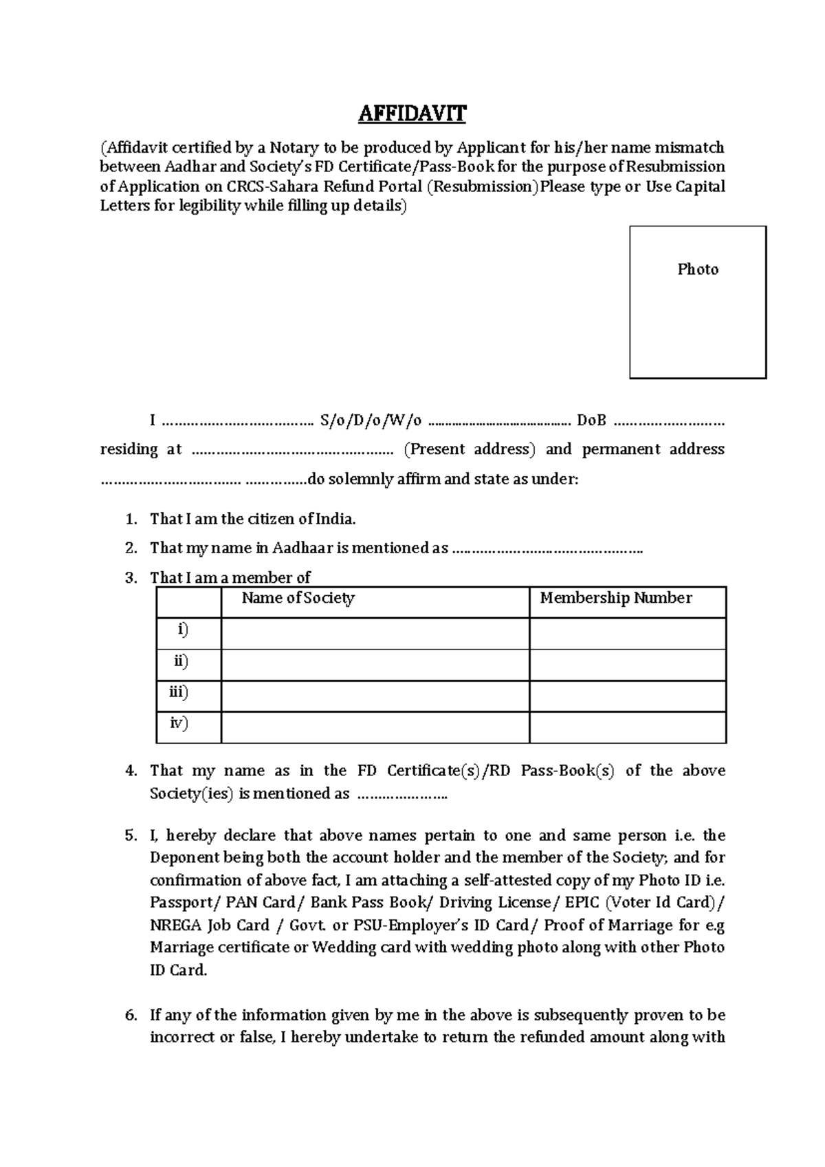 Affidavit for Name Change for CRCS-Sahara Refund Resubmission - Studocu