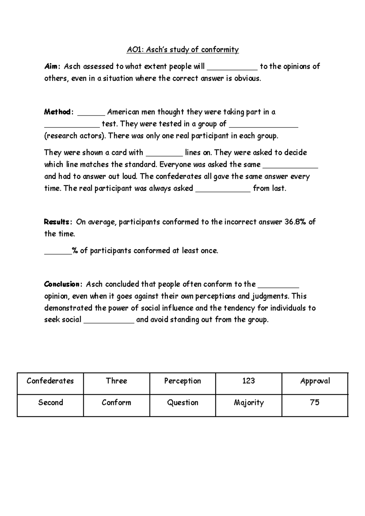 AO1: Asch's Study on Conformity in Psychology - Gap Fill Exercise - Studocu