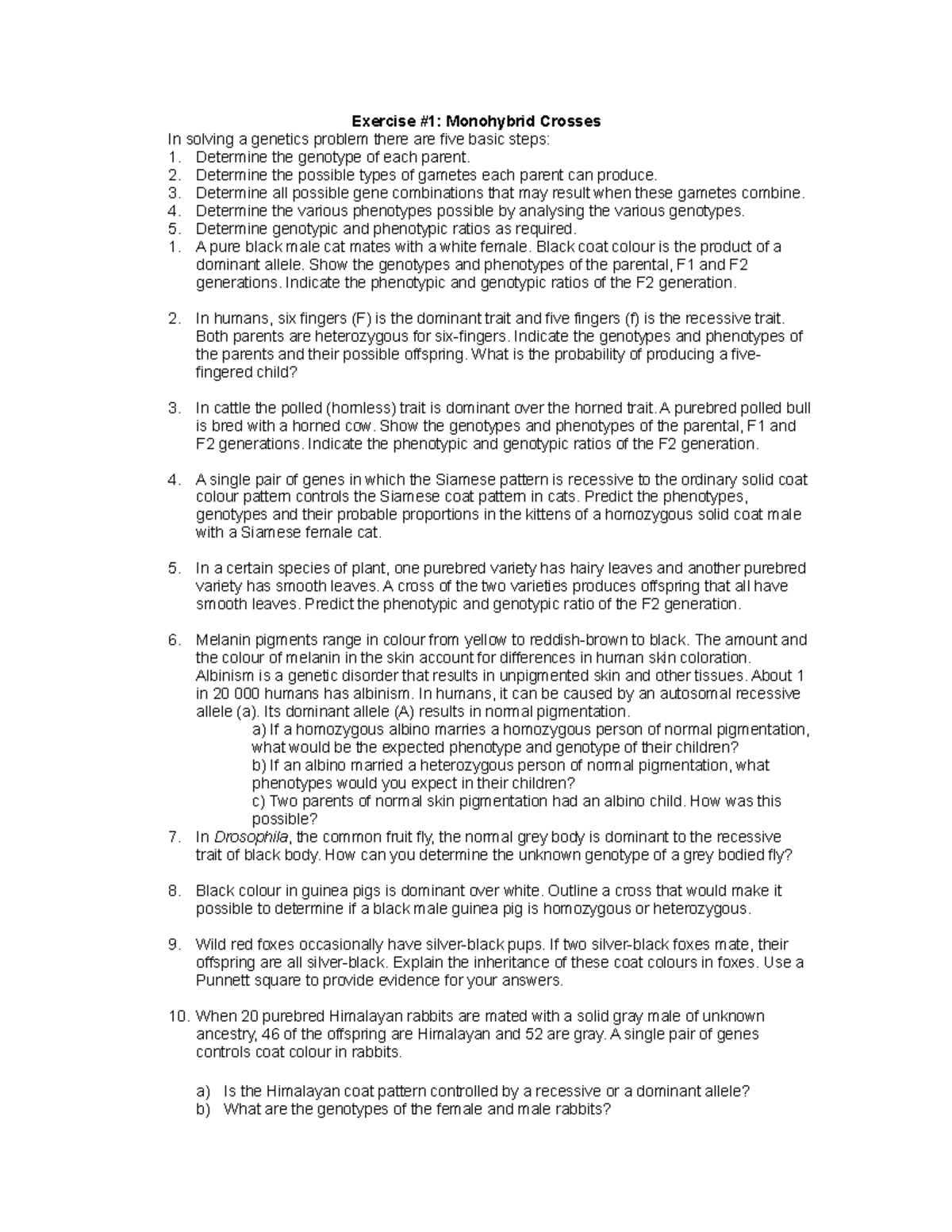 Genetics Exercise #1: Monohybrid Crosses and Phenotypic Ratios - Studocu