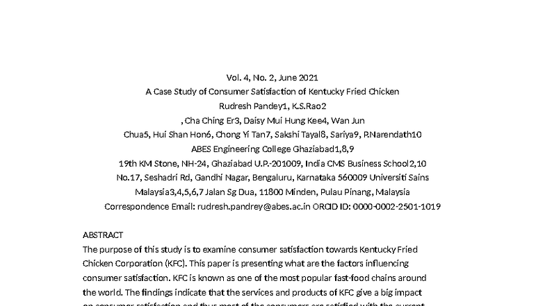 KFC Consumer Satisfaction Case Study: Insights and Findings - Studocu