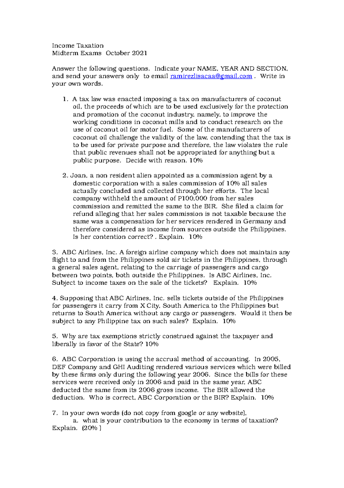 Udm Taxation Midterm Exam Questions and Guidelines - Oct 2021 - Studocu