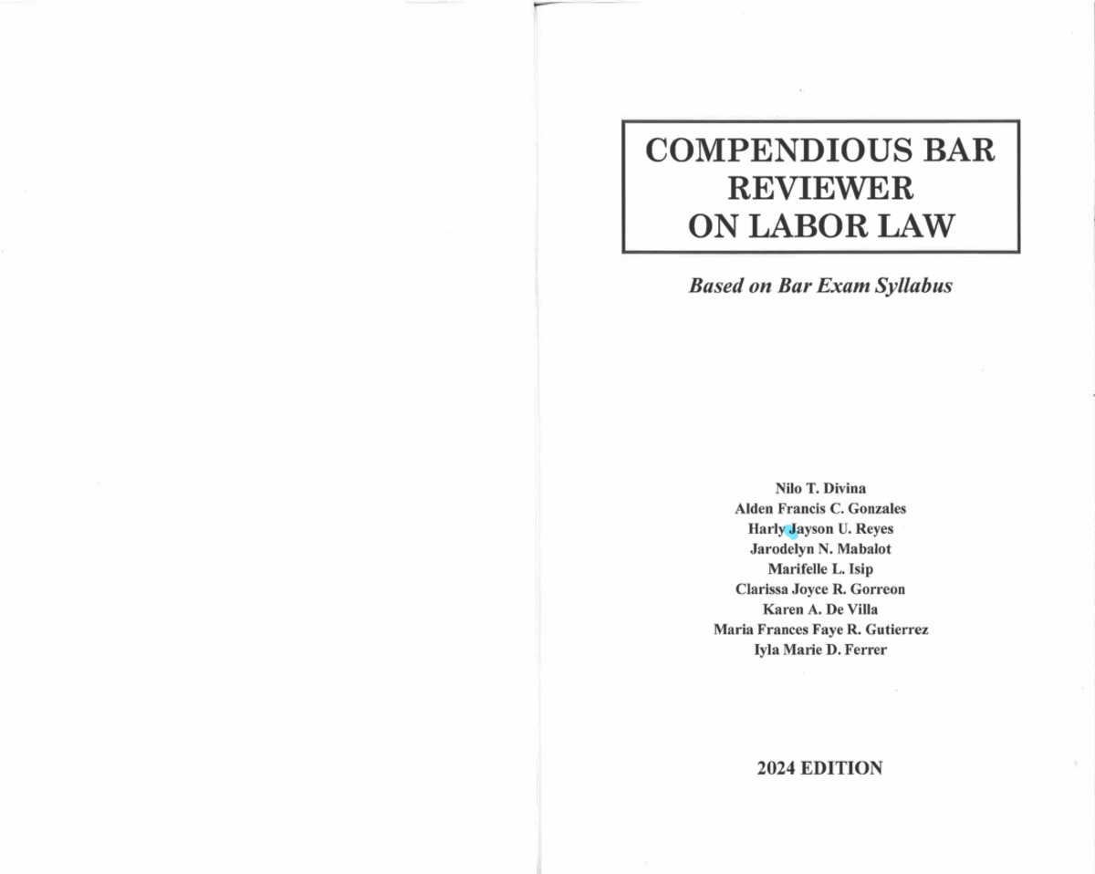 Compendious Bar Reviewer on Labor Law (Labor-2024 Edition) - Studocu