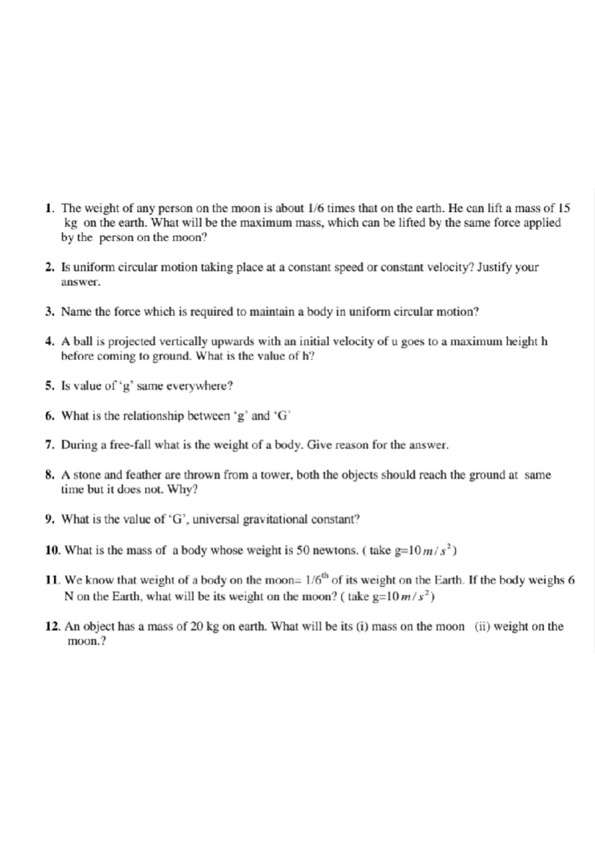 Physics Quiz: Gravitational Forces and Motion Concepts (Course Code ...