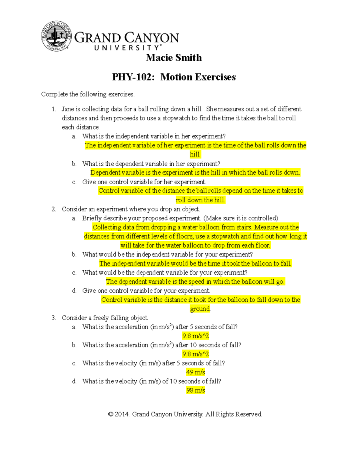 PHY-102 Motion Exercises - Macie Smith PHY-102: Motion Exercises Complete the following ...