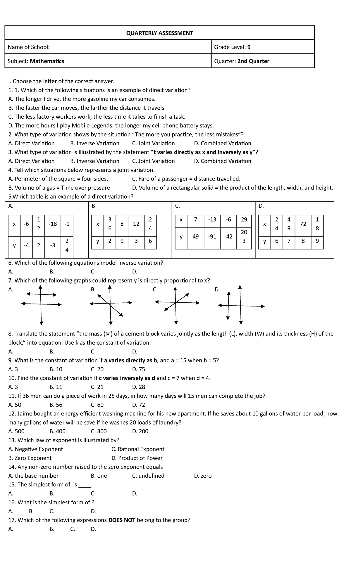 Math9 Q2 - 2nd Quarter Test on Direct and Inverse Variation - Studocu