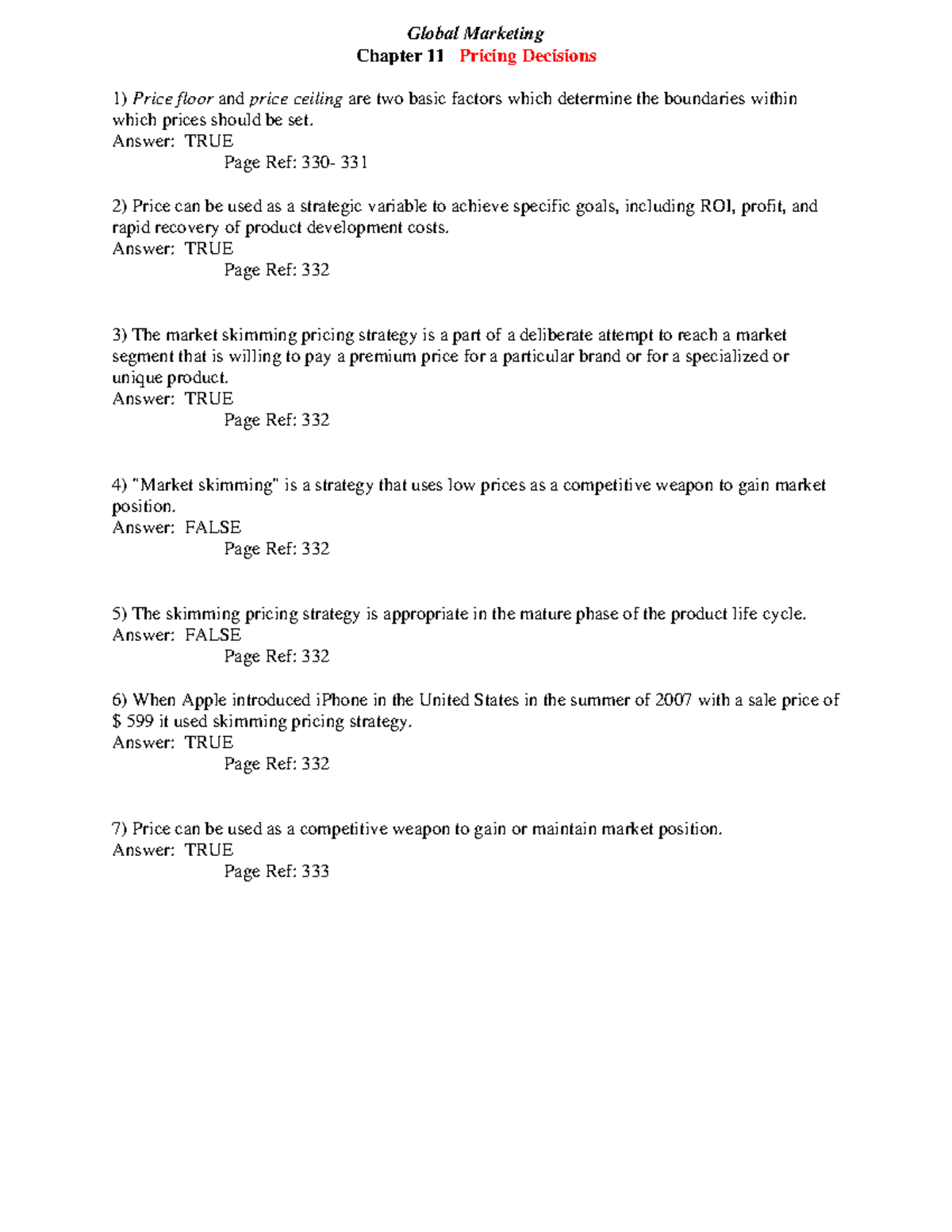 Ch11 Pricing Decisions Test - Global Marketing Chapter 11 Pricing ...