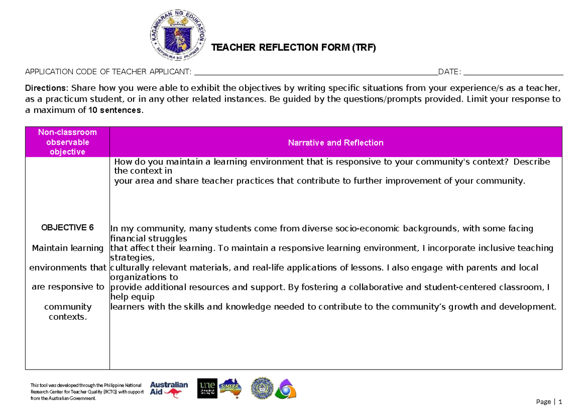 Teacher Reflection Form (TRF) for Professional Development Insights ...